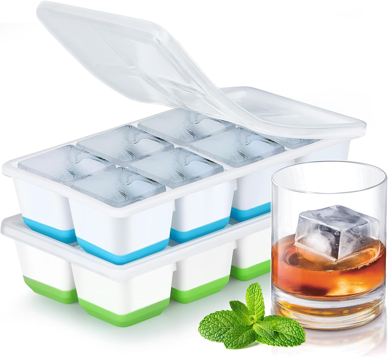 Large Ice Cube Trays with Lid, 2 Pack Stackable Silicone Ice Cube Molds ...