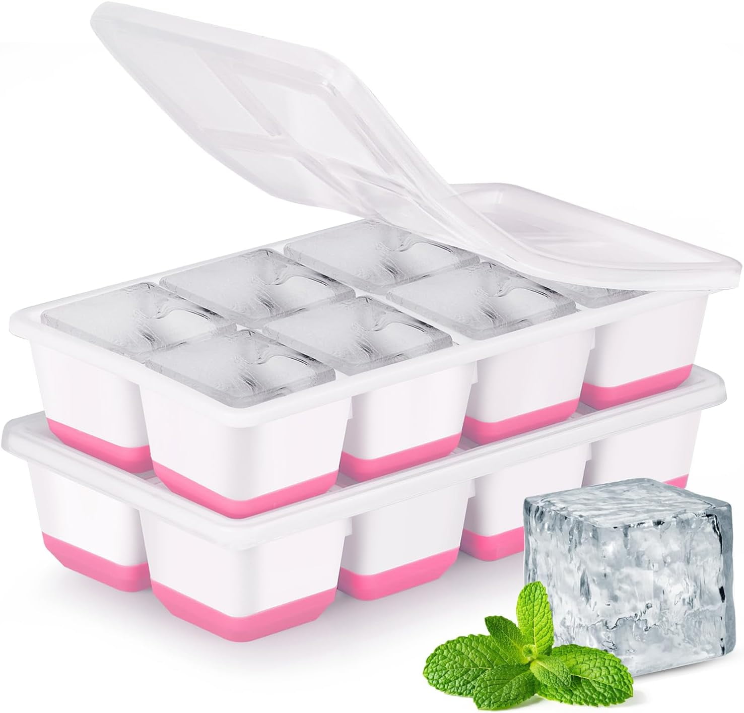 Large Ice Cube Trays with Lid, 2 Pack Stackable Silicone Ice Cube Molds ...