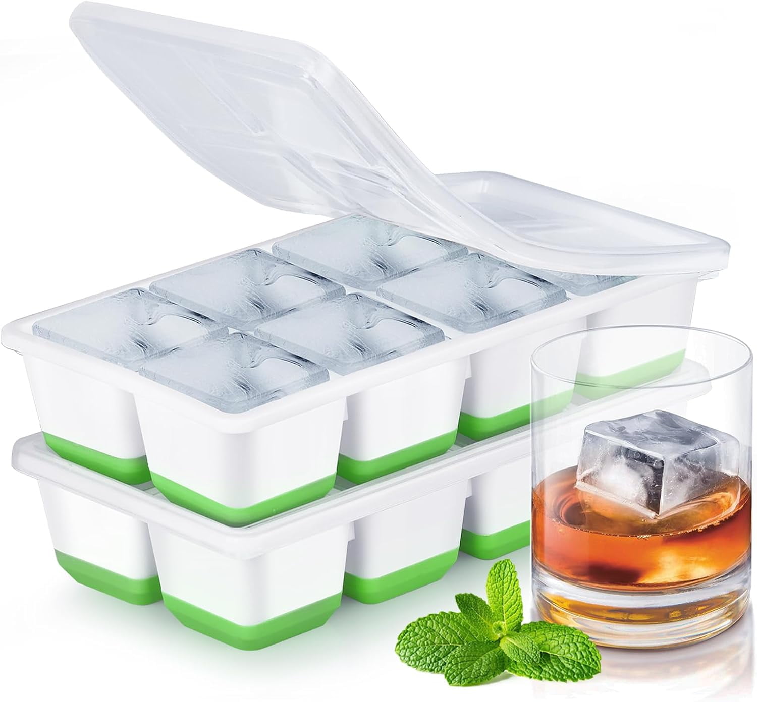 Large Ice Cube Trays with Lid, 2 Pack Stackable Silicone Ice Cube Molds ...