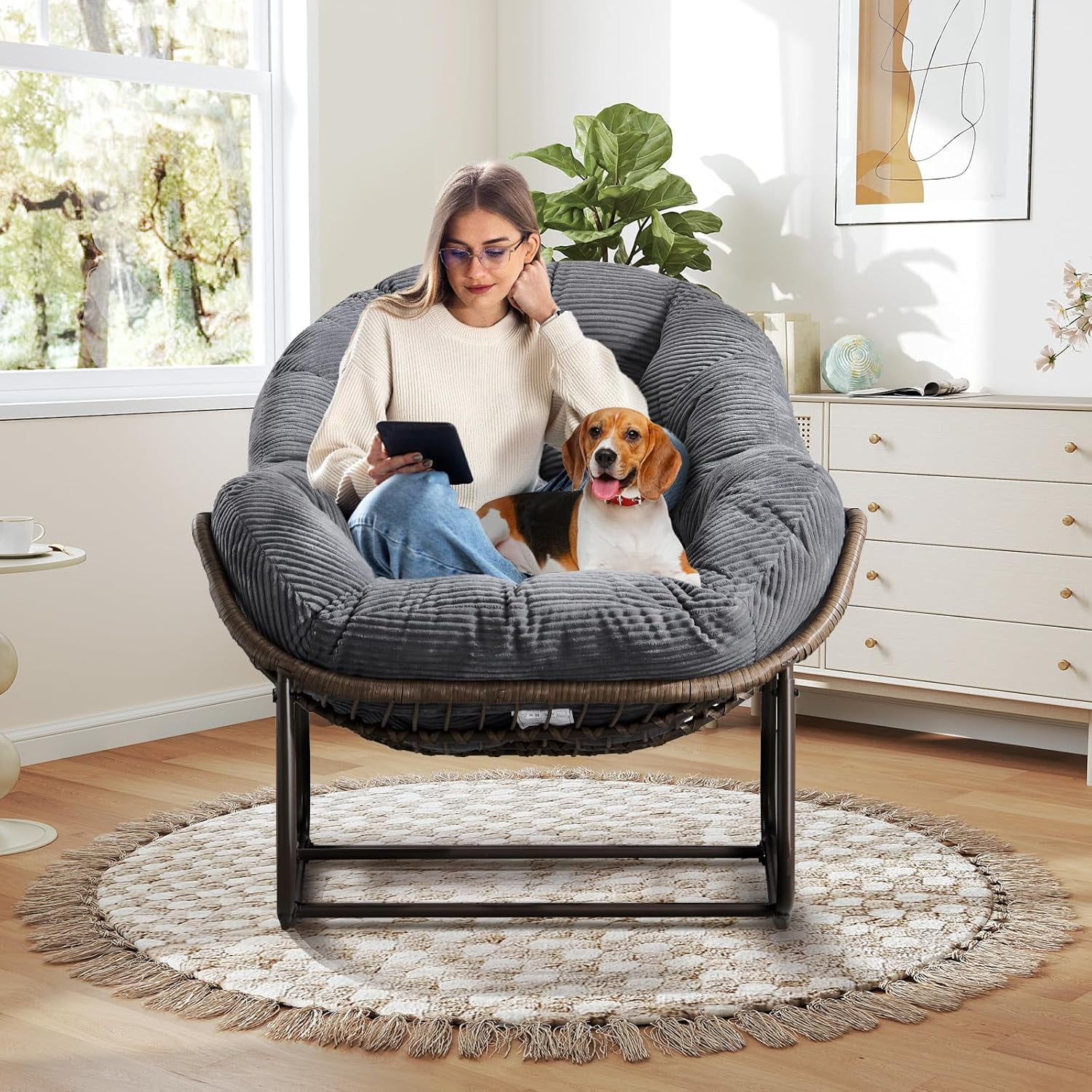 Large Indoor Rocking Chair, Oversized Rocking Papasan Chair with Thick ...