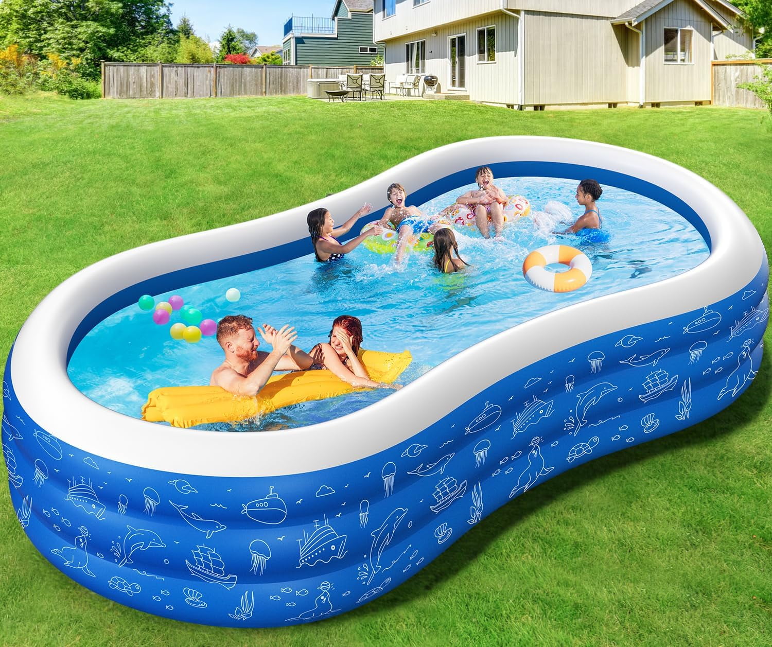 Large Inflatable Pool for Kids Adults, 145" X 74" X 22" Blow Up Pools ...