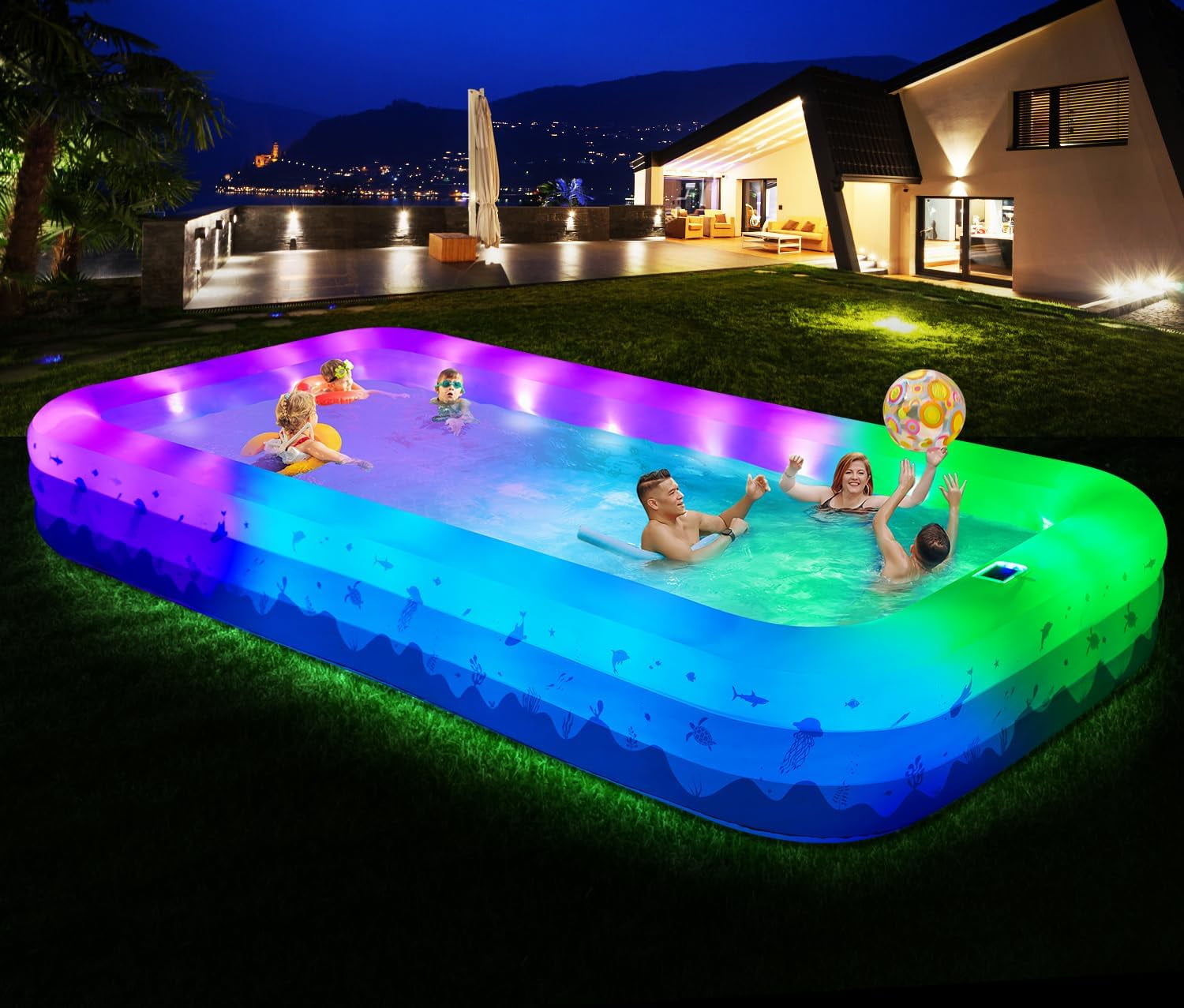 Large Inflatable Pool with Lights, 145" X 74" X 22" Family Inflatable ...