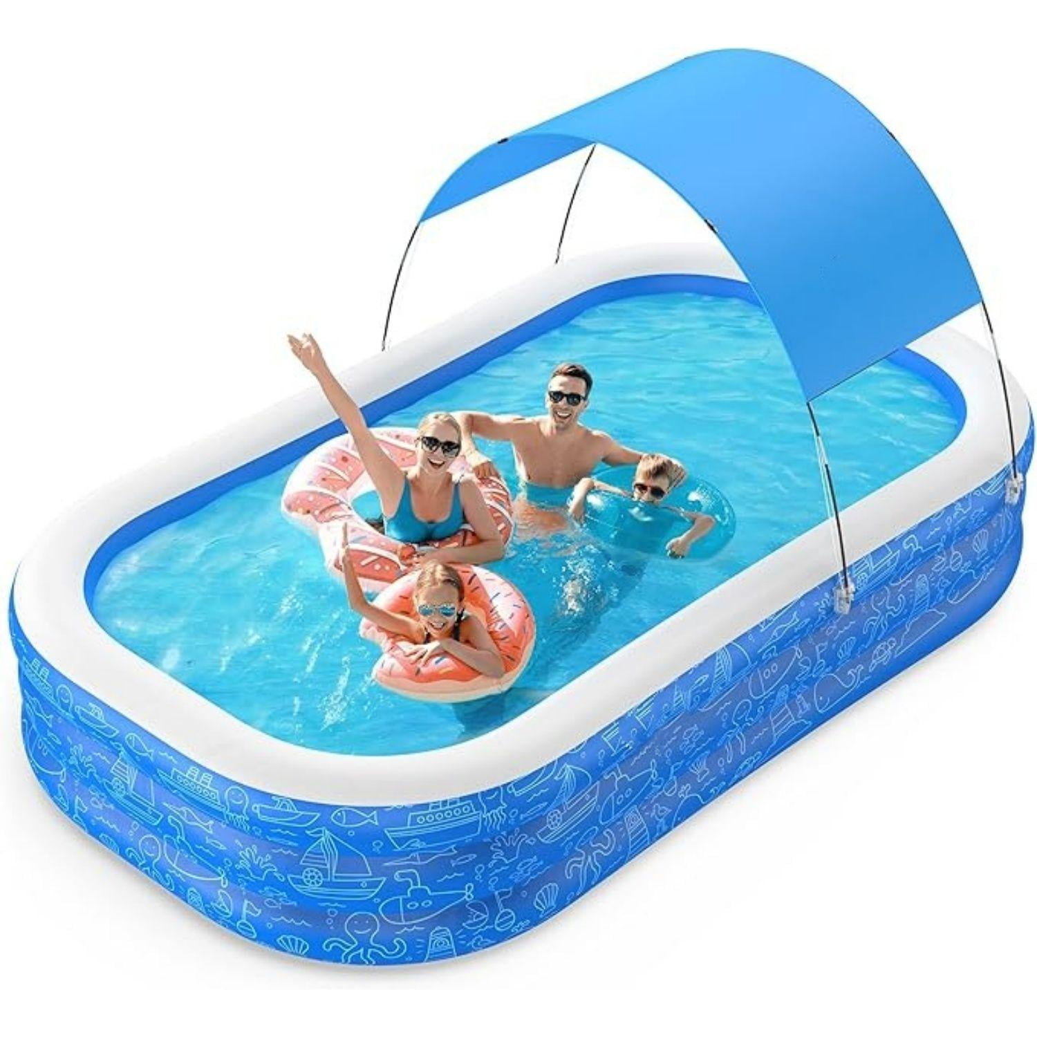 Large Inflatable Swimming Pool with Canopy, 120” x 70” x 20” Full-Sized ...