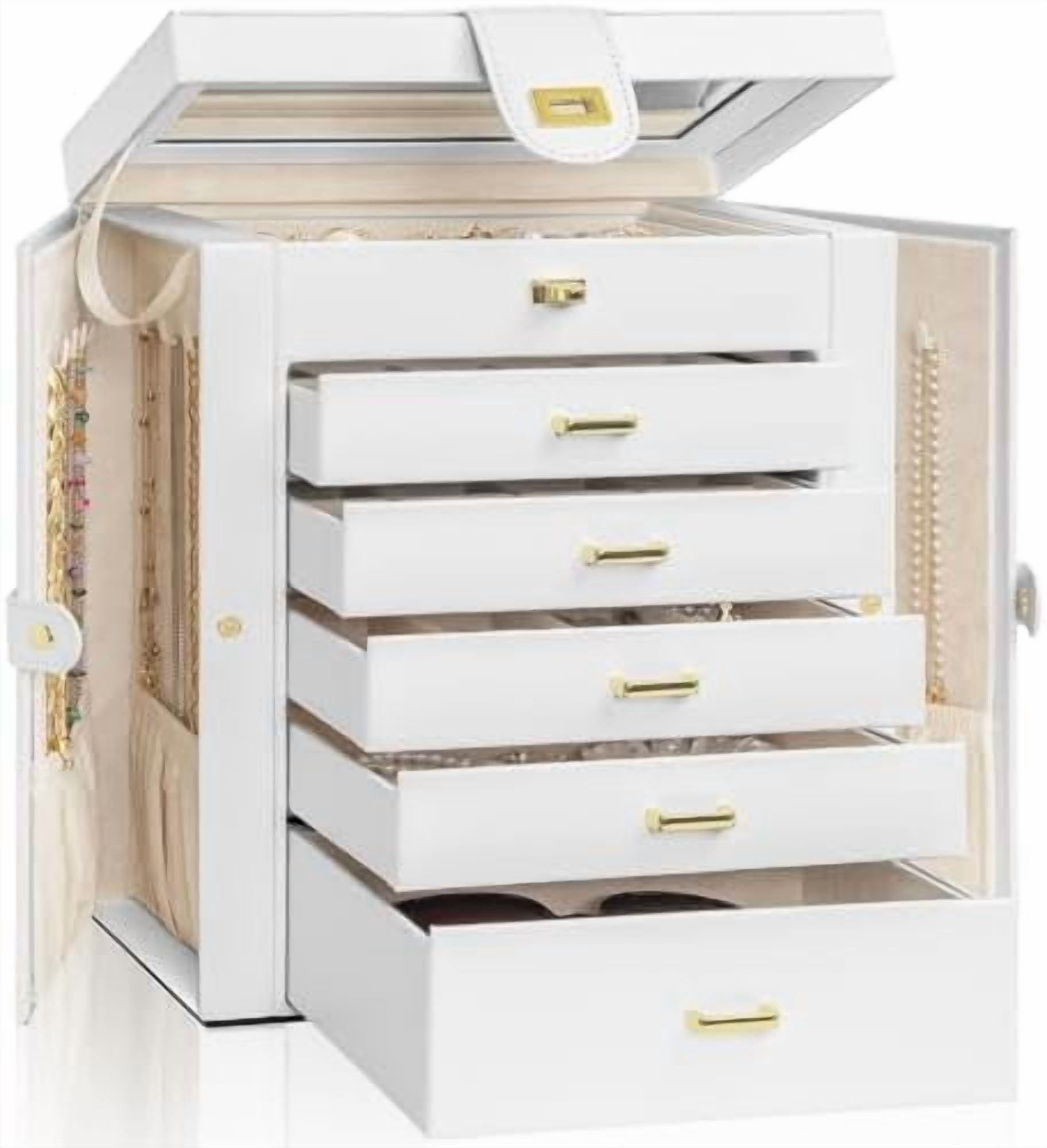 Large Jewelry Box Organizer Functional with Big Mirror, Leather Jewelry ...