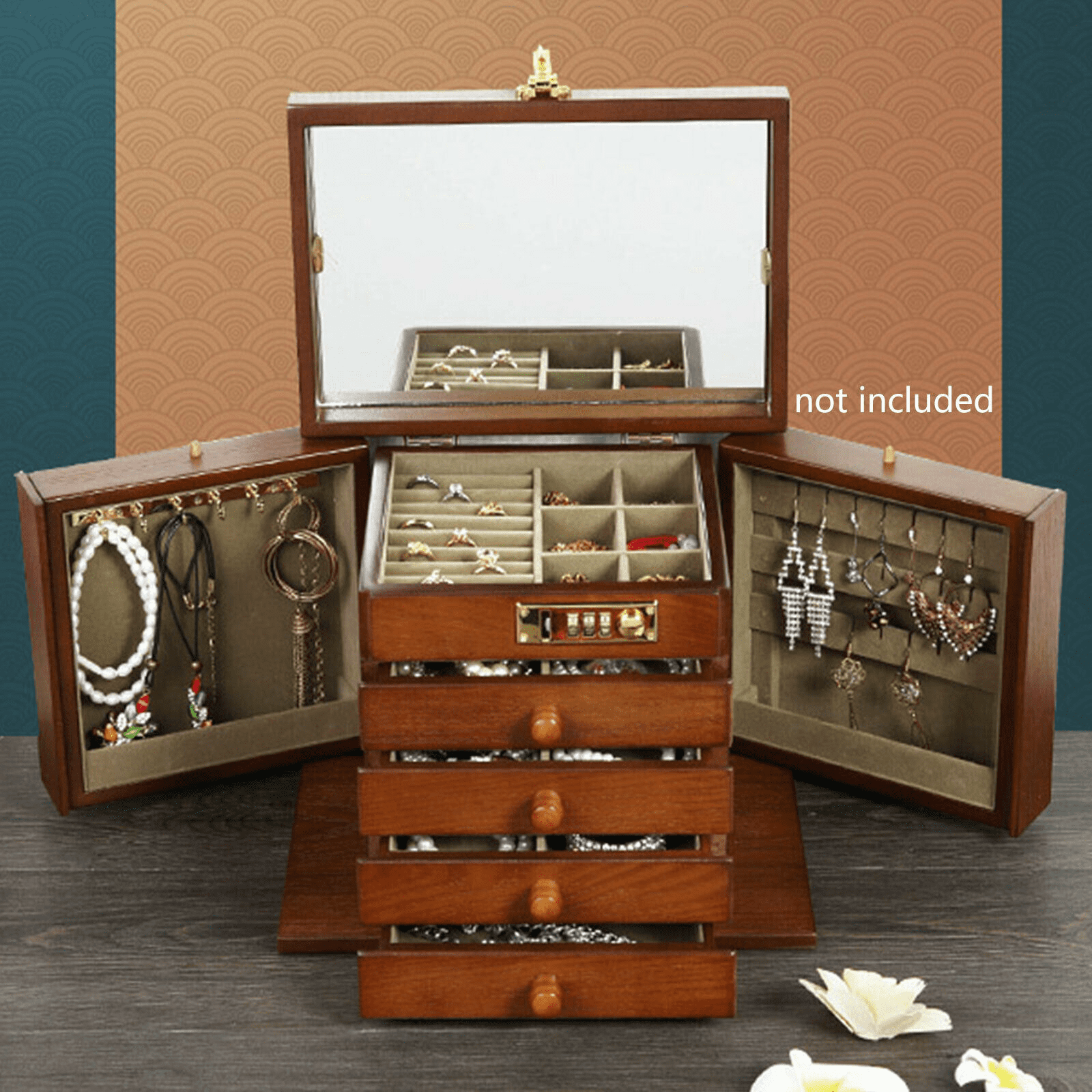 Large Jewelry Organizer Wooden Storage Box 5 Layers Case with 4 Drawers ...