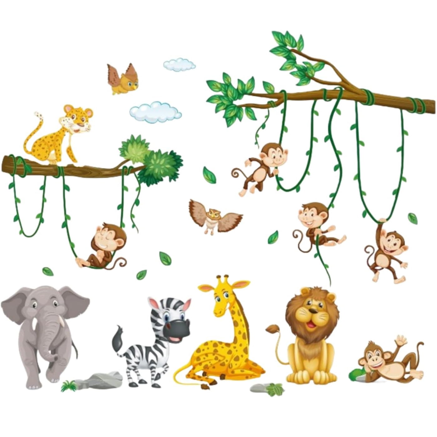 Large Jungle Animal Wall Stickers Cute Cartoon Animals Decals Elephants Lions Giraffes Monkeys ...