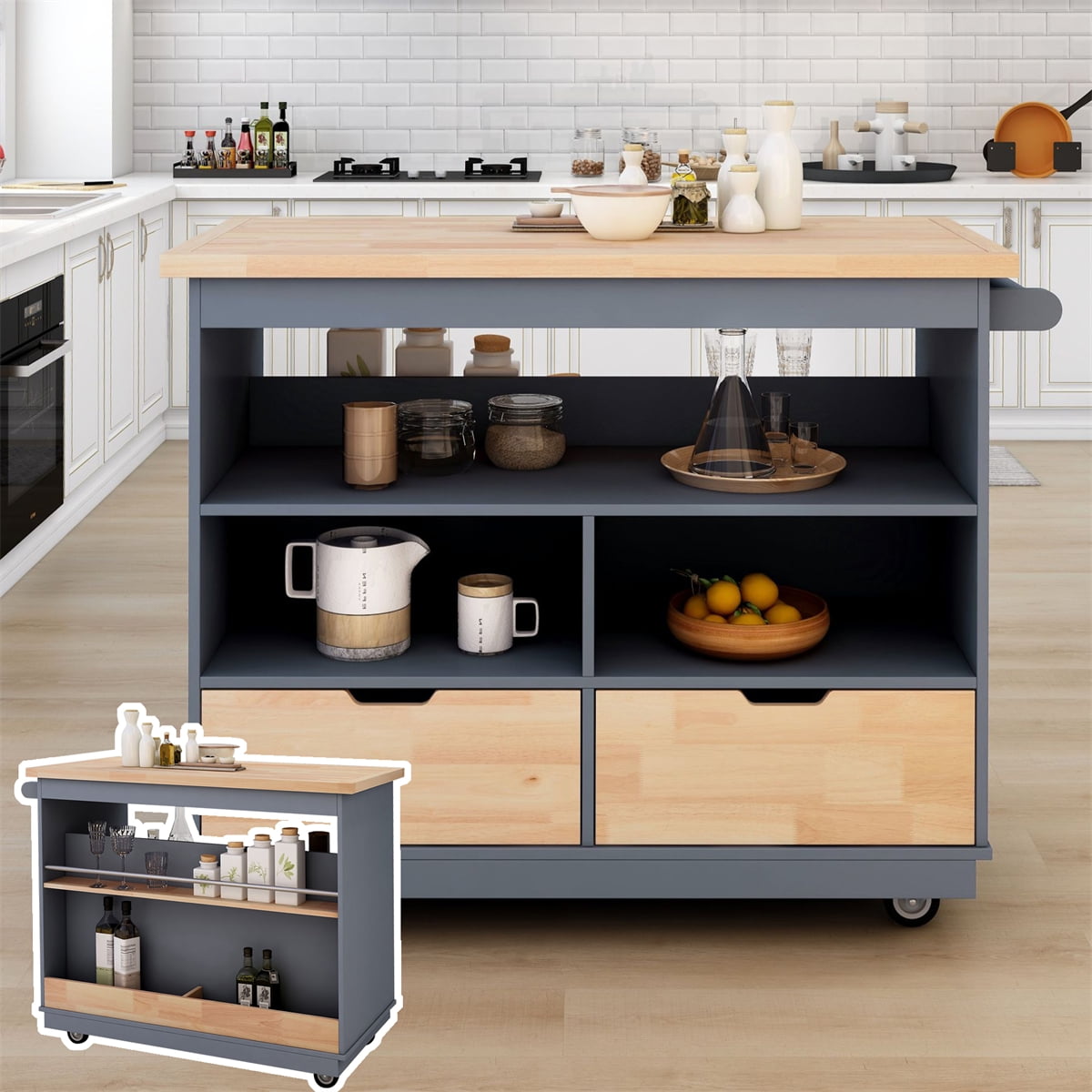 Large Kitchen Cart with 2 Drawers, 3 Open Compartments, Rolling Kitchen Island with Storage, Two ...
