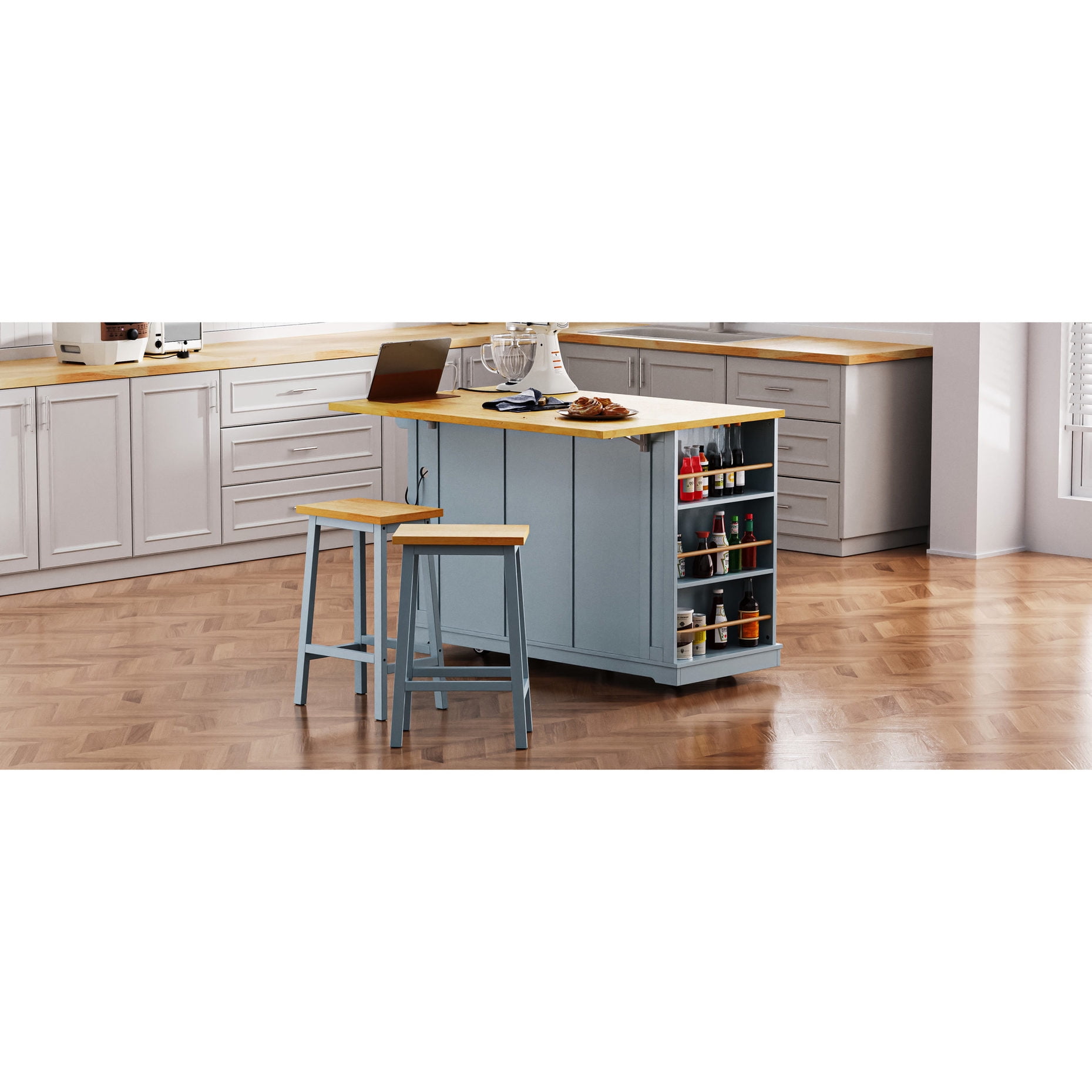 Large Kitchen Island Cabinet | Drop Leaf, Charging Station & Hidden ...