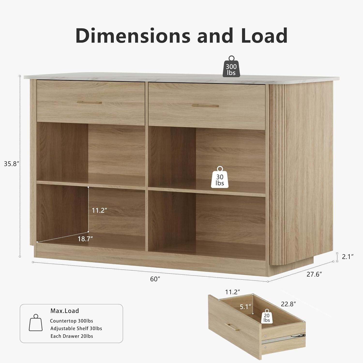 Large Kitchen Island with Storage and Seating, 60" Fluted Stationary ...