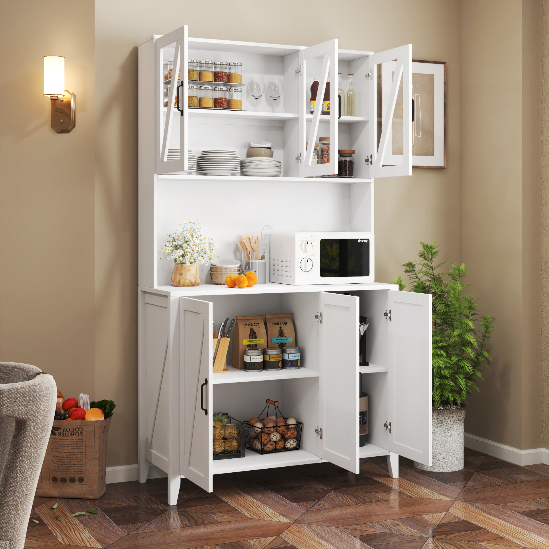 Large Kitchen Pantry Storage Cabinet with Glass Doors,Drawers & Open ...