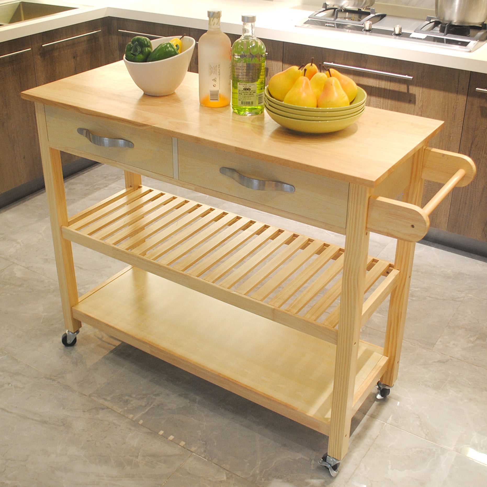 Large Kitchen Trolley With Lockable Caster And Storage, Rubber Wood Top ...