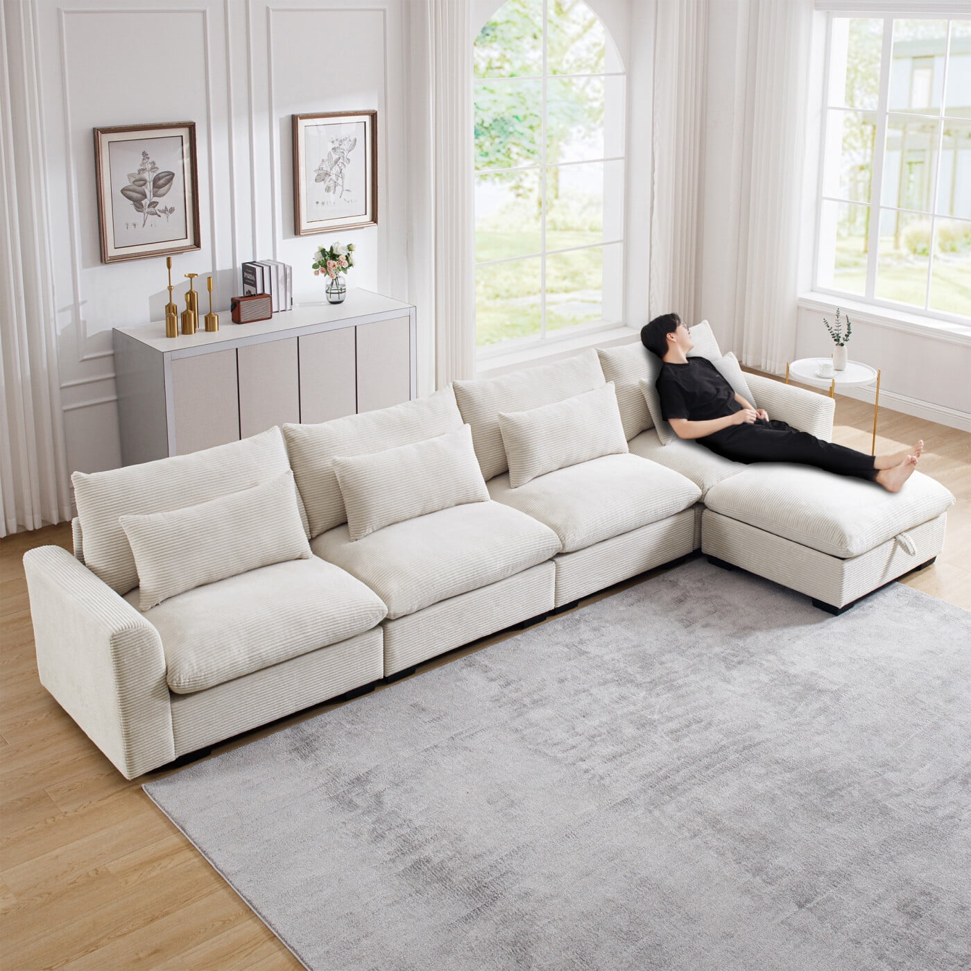 Large L-Shaped Sectional Corduroy Sofa with Deep Seat, Storage ...