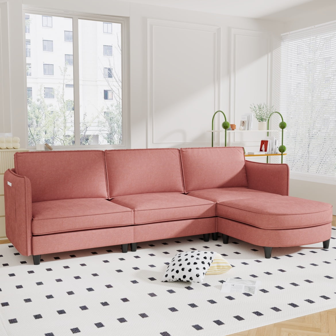 Large L-Shaped Sectional Sofa with Ottoman, 3-Seater Modern Fabric ...