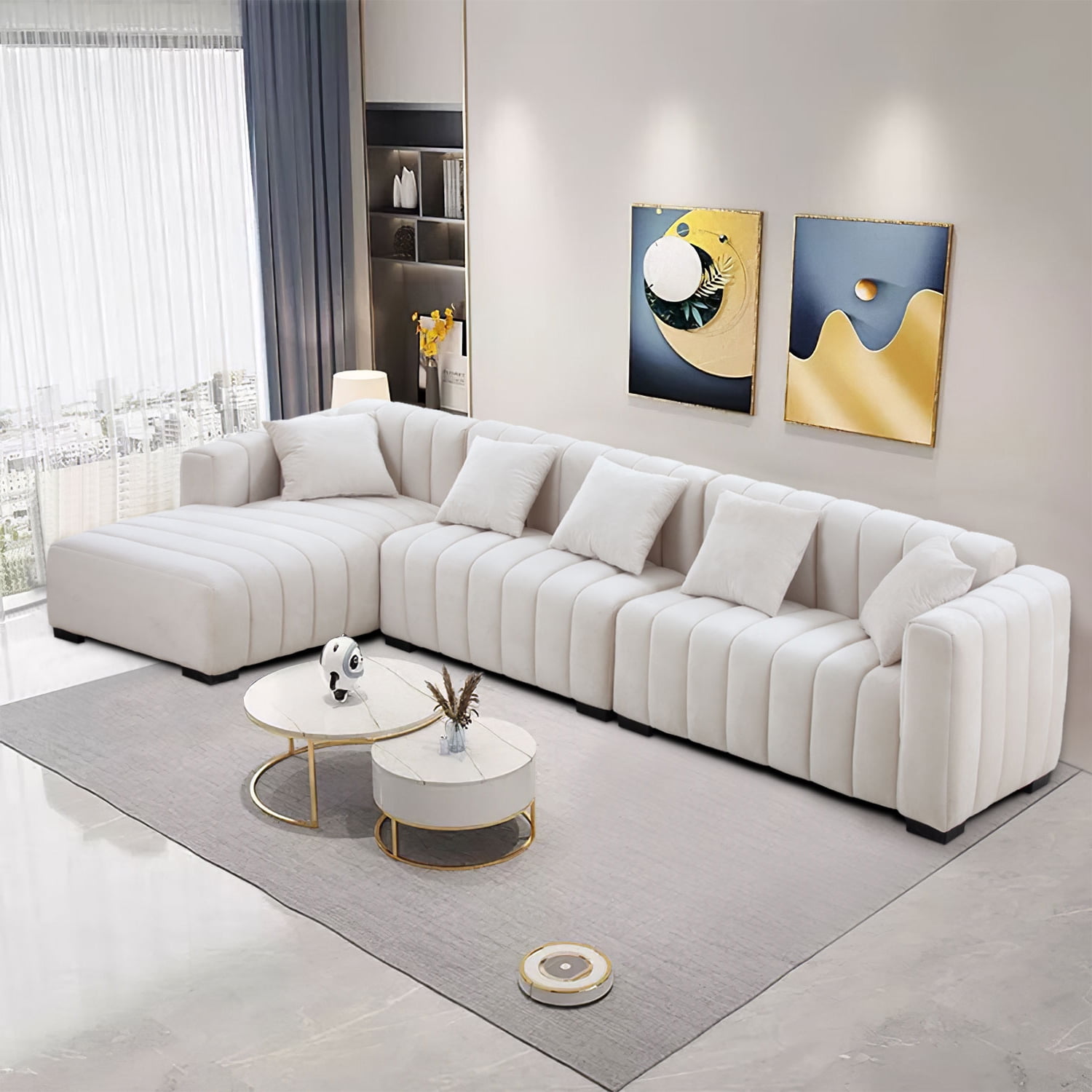 Large L-Shaped Sofa, 139" Channel Tufted Velvet Sofa Couch with Left ...