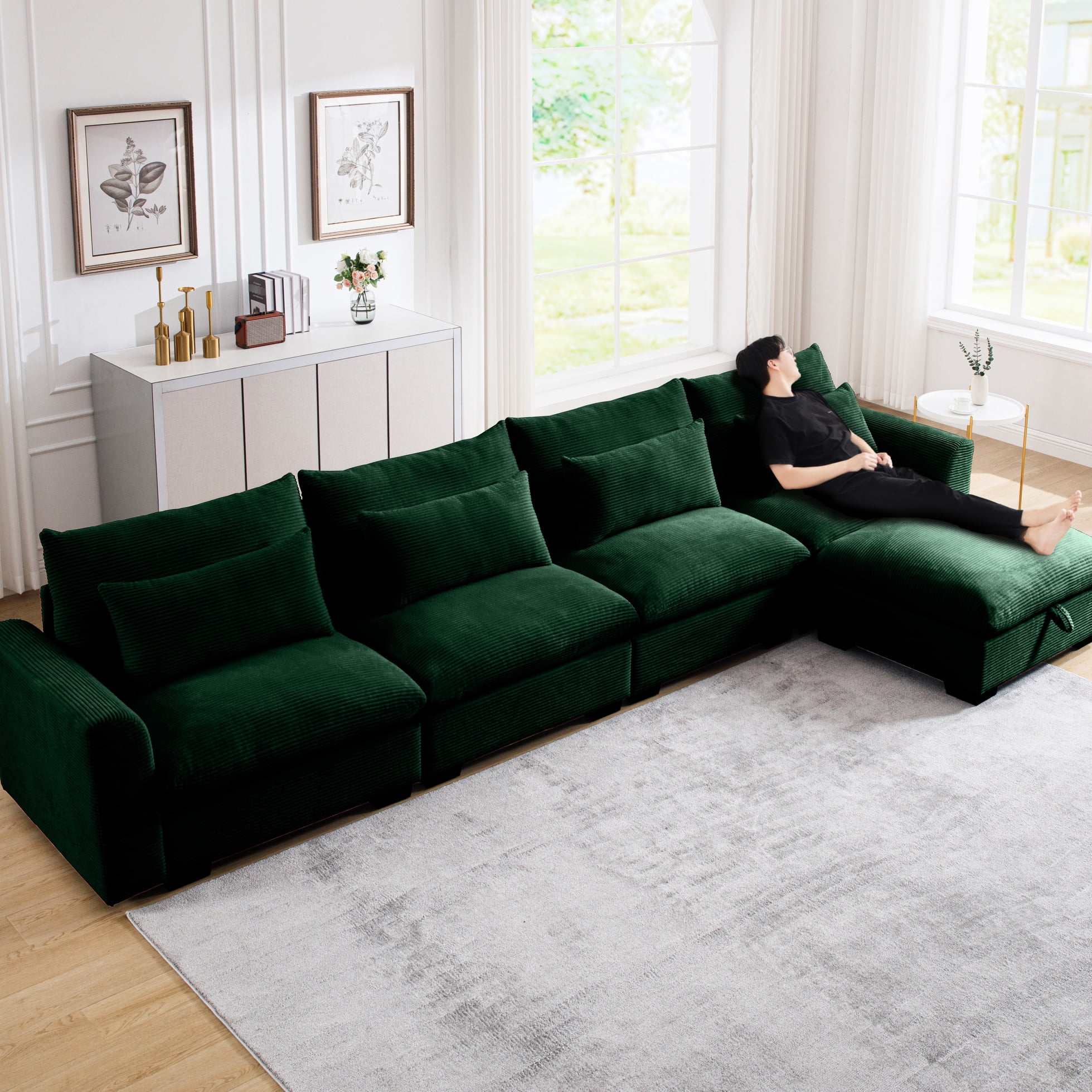 Large L-shape Corduroy Couch With Storage And 4 Lumbar Pillows - Deep ...
