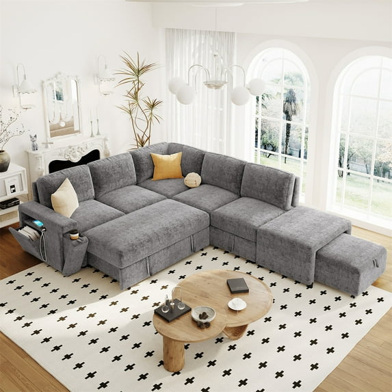 Large L-shaped Sectional Sofa with Storage Space, USB Ports, and Cup ...