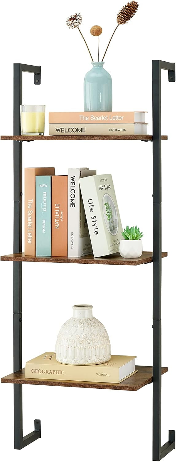 Large Ladder Shelf, Industrial Bookcase, 3-Tier Wood Wall Mounted ...