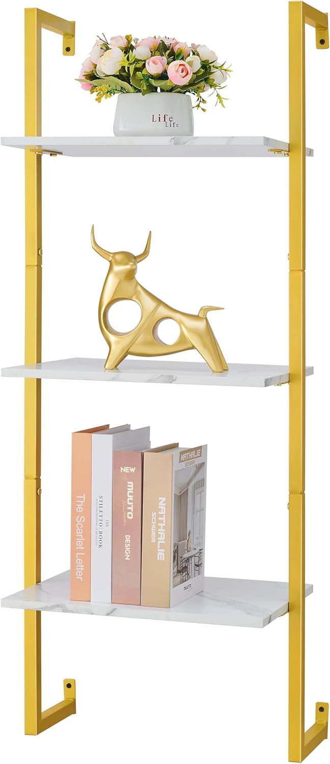 Large Ladder Shelf, Industrial Bookcase, 3-Tier Wood Wall Mounted ...