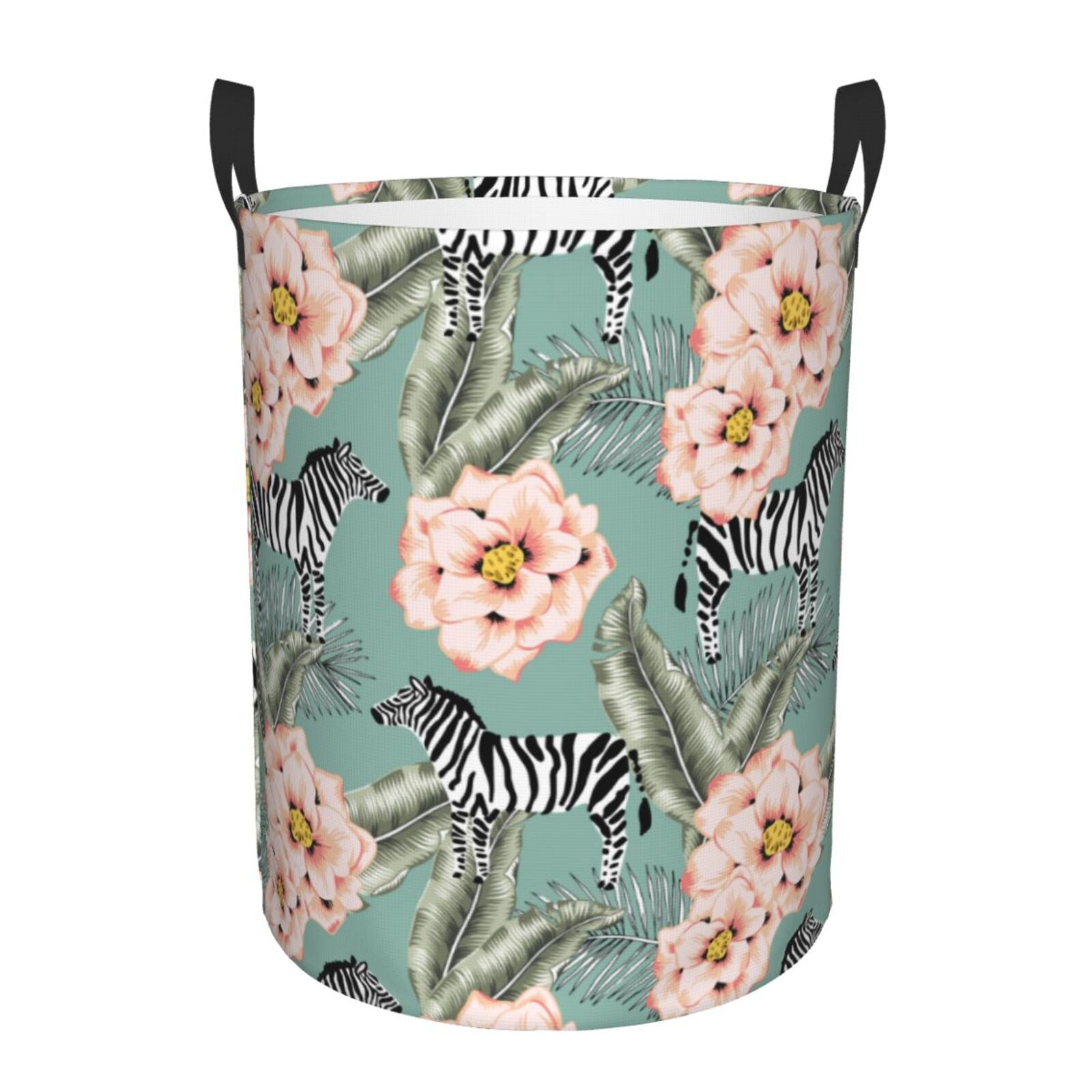 Large Laundry Basket with Handles - zebra rose palm Tropical leaves ...