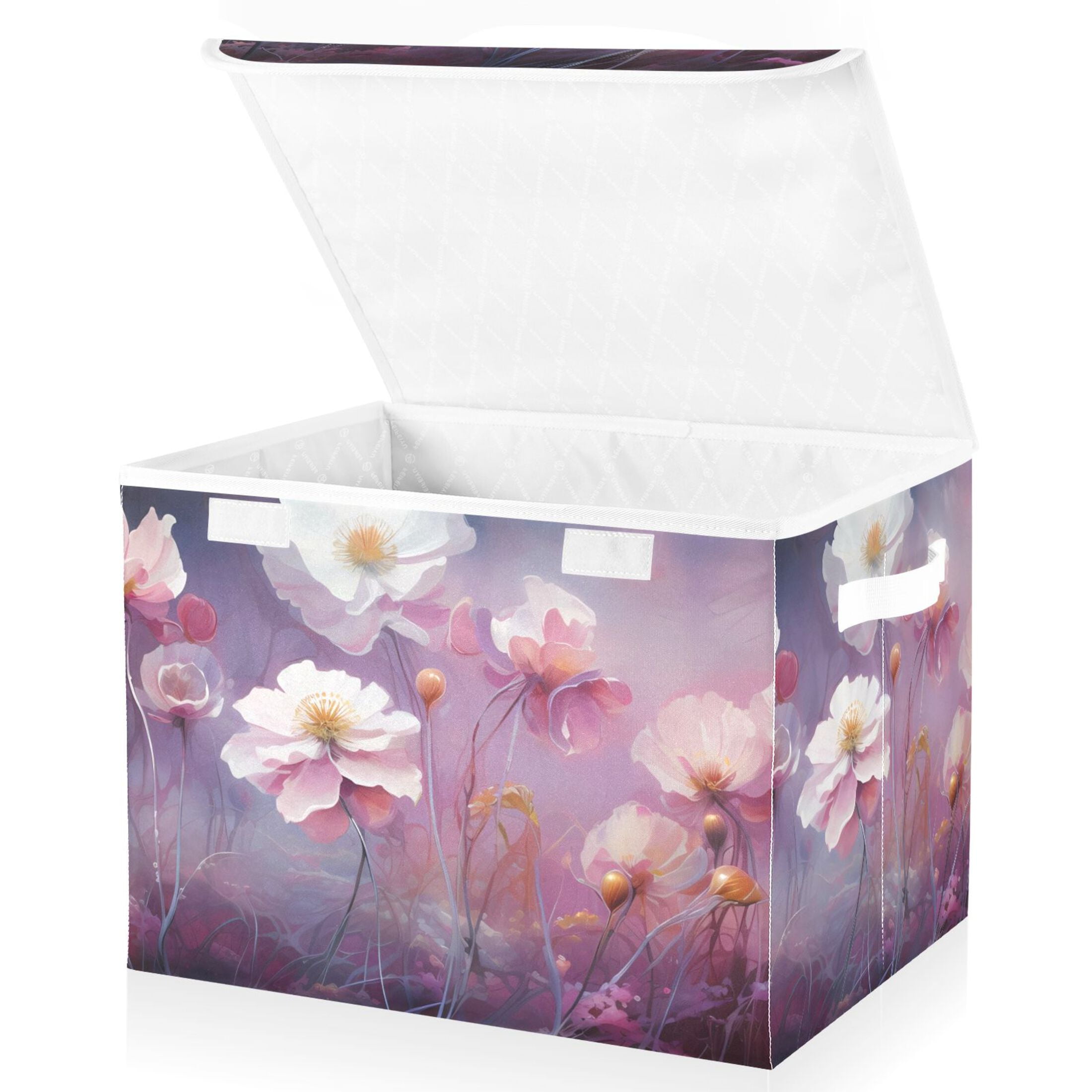 Large Lidded Bin Foldable Storage Baskets Abstract Daisy Flowers Boxes Cubes Lids with 2 Handles ...