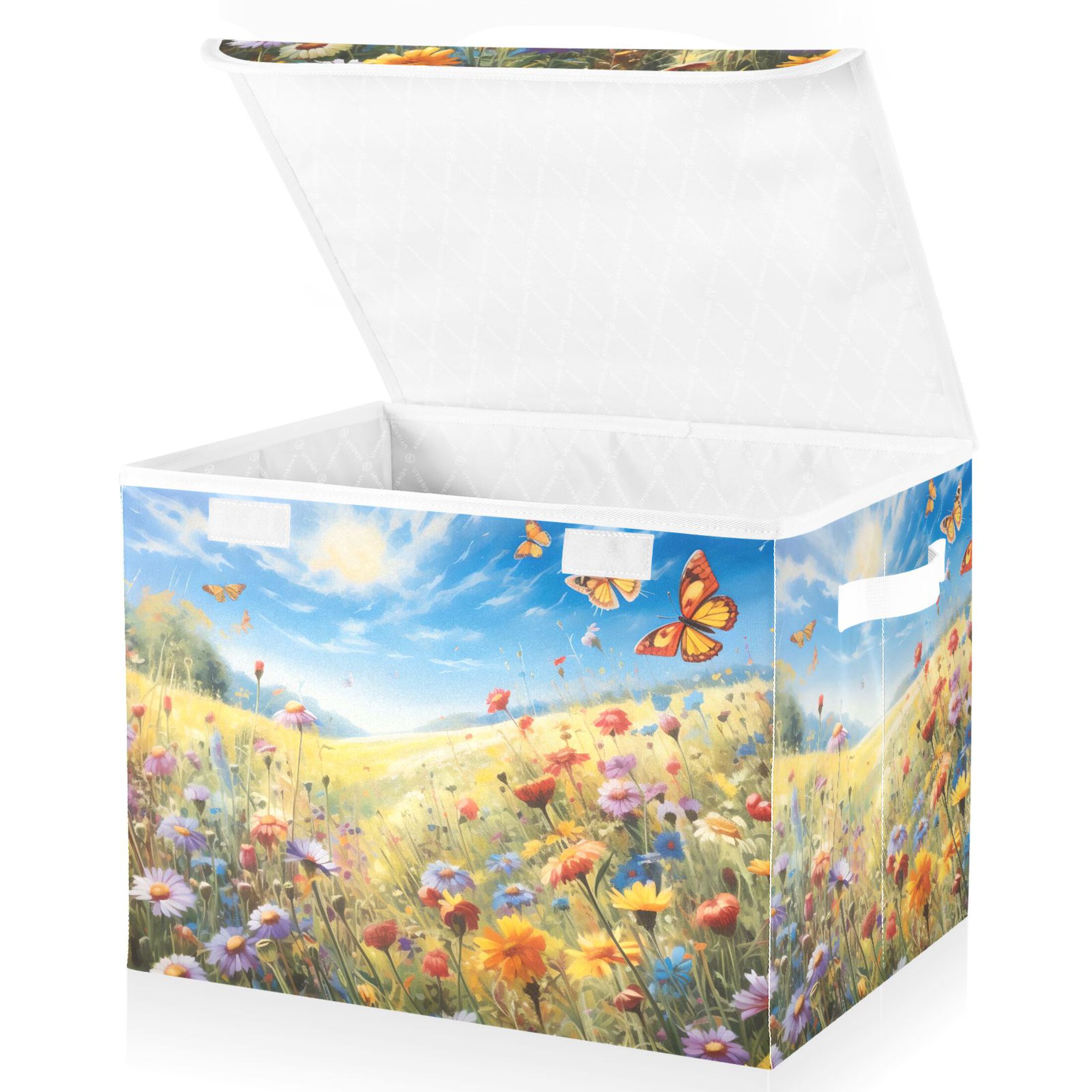 Large Lidded Bin Foldable Storage Baskets Butterflies Daisy Flowers Boxes Cubes Lids with 2 ...