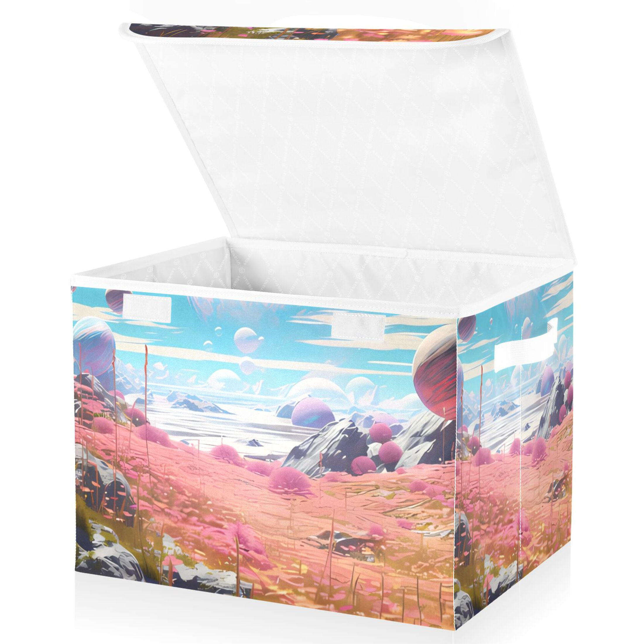 Large Lidded Bin Foldable Storage Baskets Colorful Pink Landscape Boxes ...