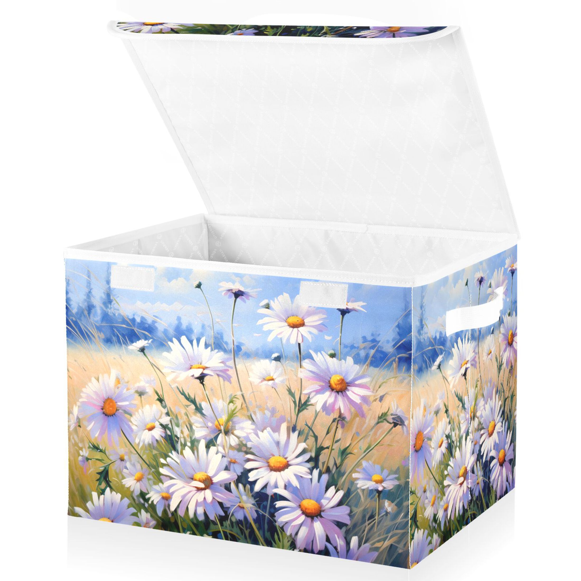 Large Lidded Bin Foldable Storage Baskets Daisy Flowers Boxes Cubes Lids with 2 Handles for Home ...