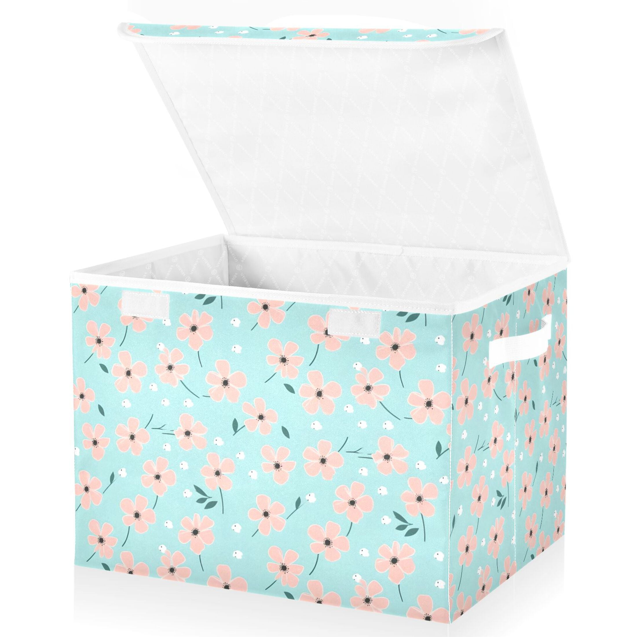 Large Lidded Bin Foldable Storage Baskets Floral Flowers on Blue Boxes ...