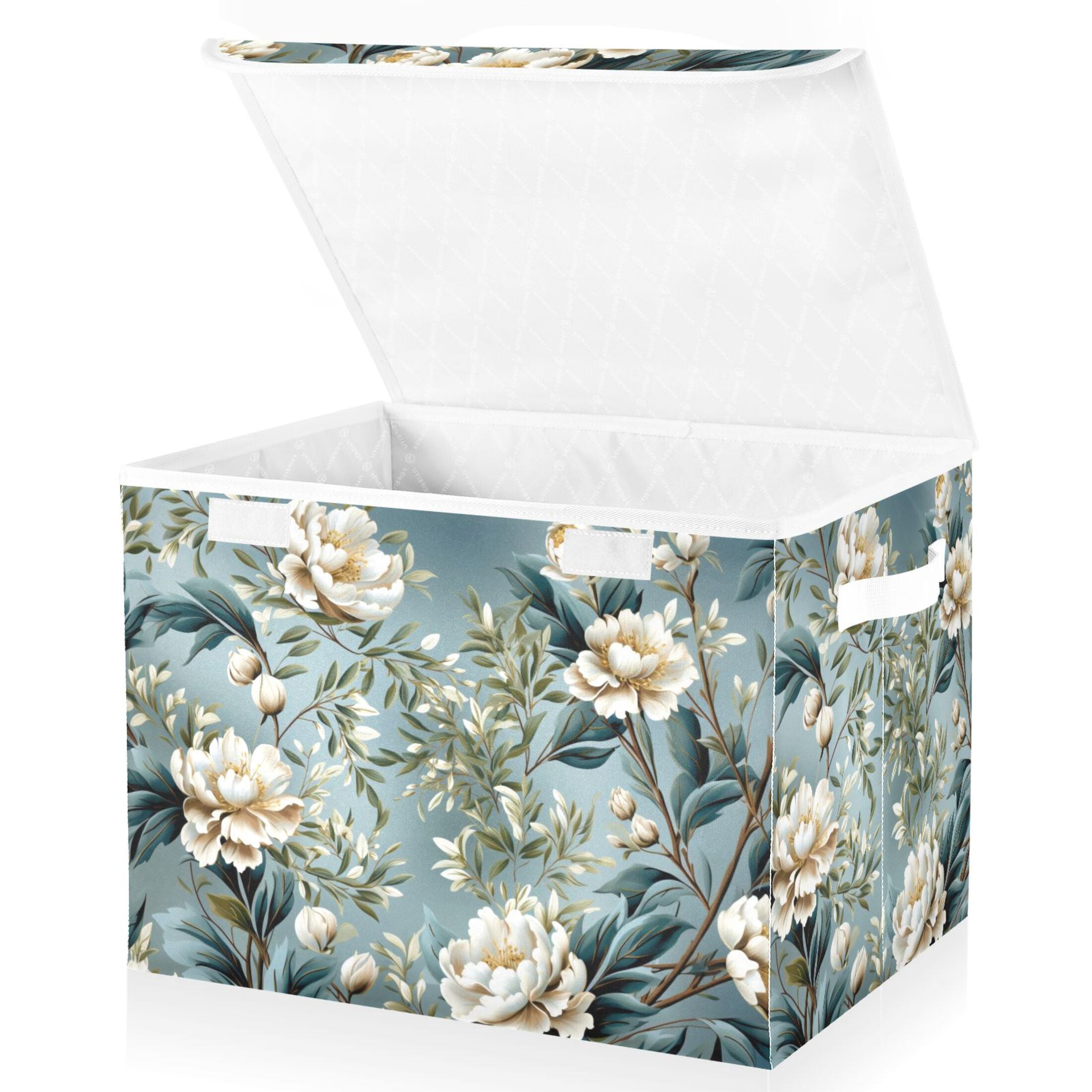 Large Lidded Bin Foldable Storage Baskets Flowers with Green Leaves ...