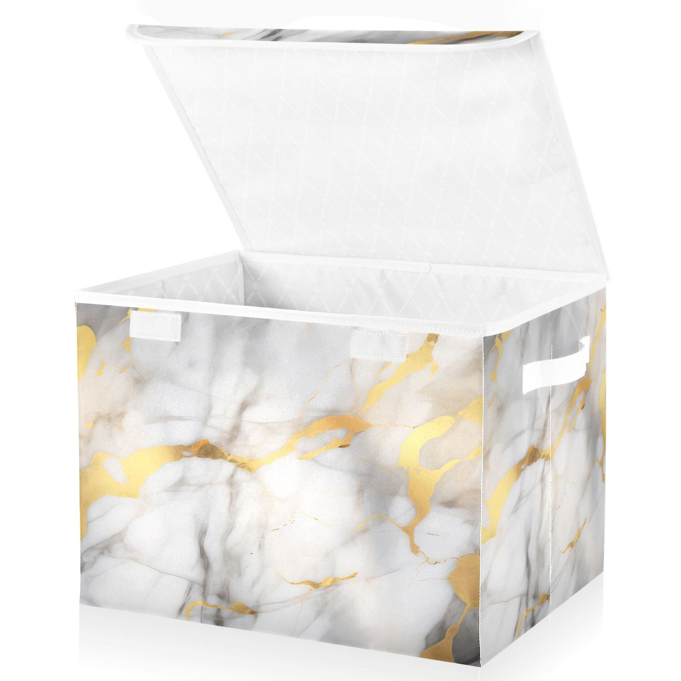Large Lidded Bin Foldable Storage Baskets Grey and Gold Marble Boxes ...