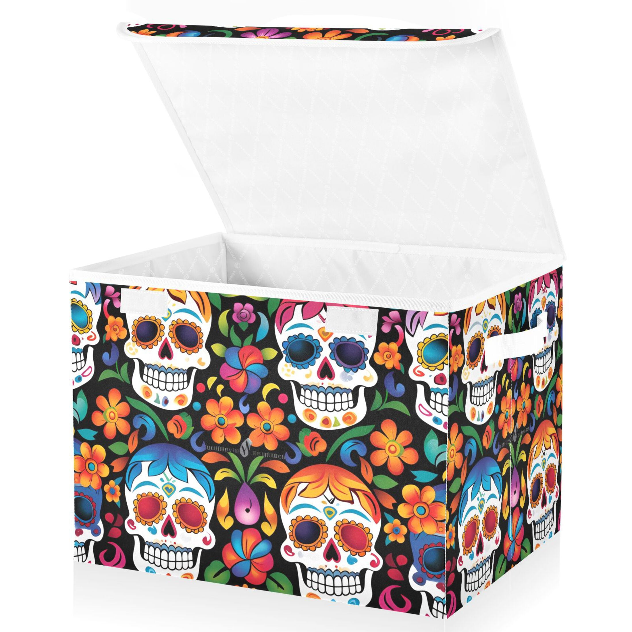 Large Lidded Bin Foldable Storage Baskets Skulls and Roses Flowers ...