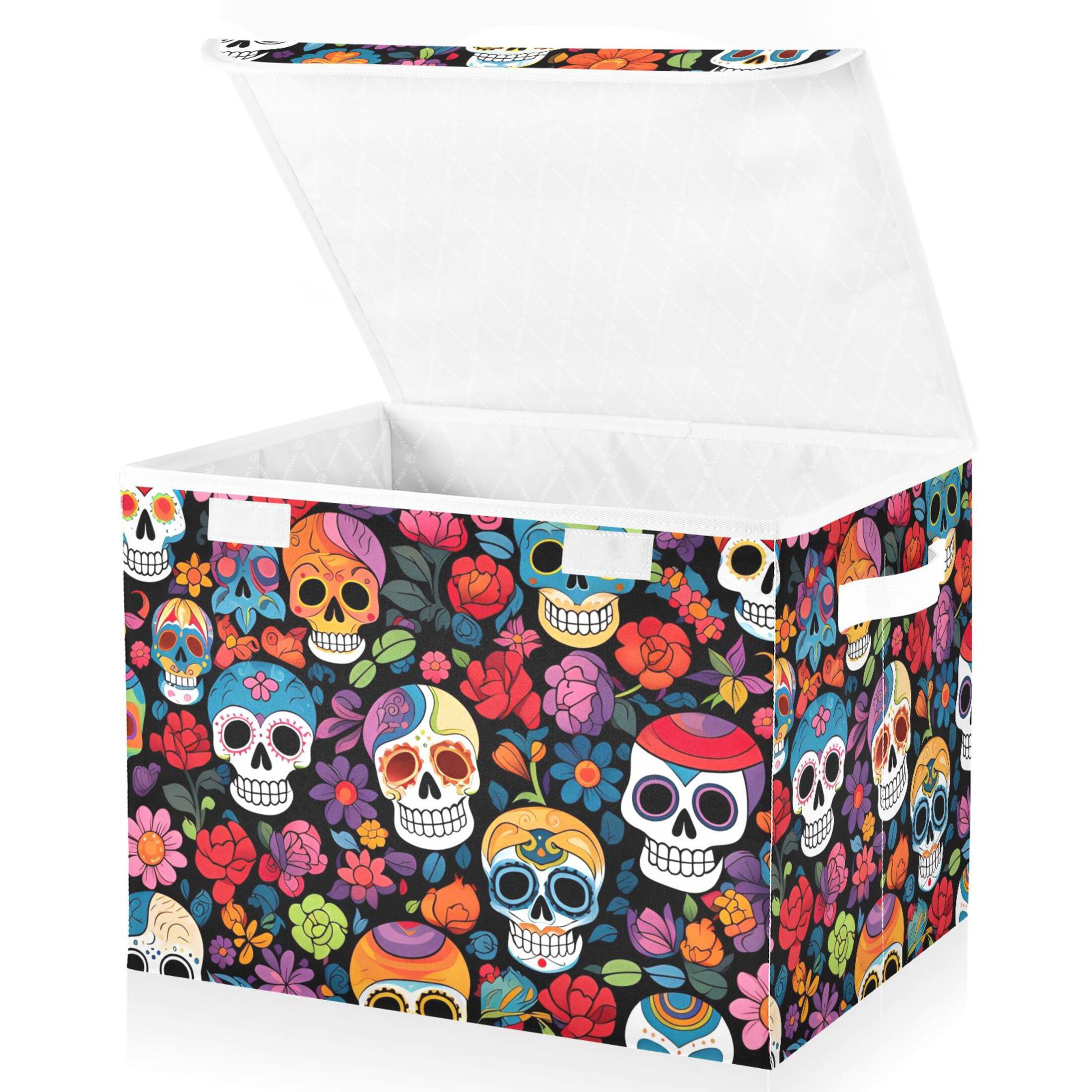 Large Lidded Bin Foldable Storage Baskets Skulls and Roses Flowers ...