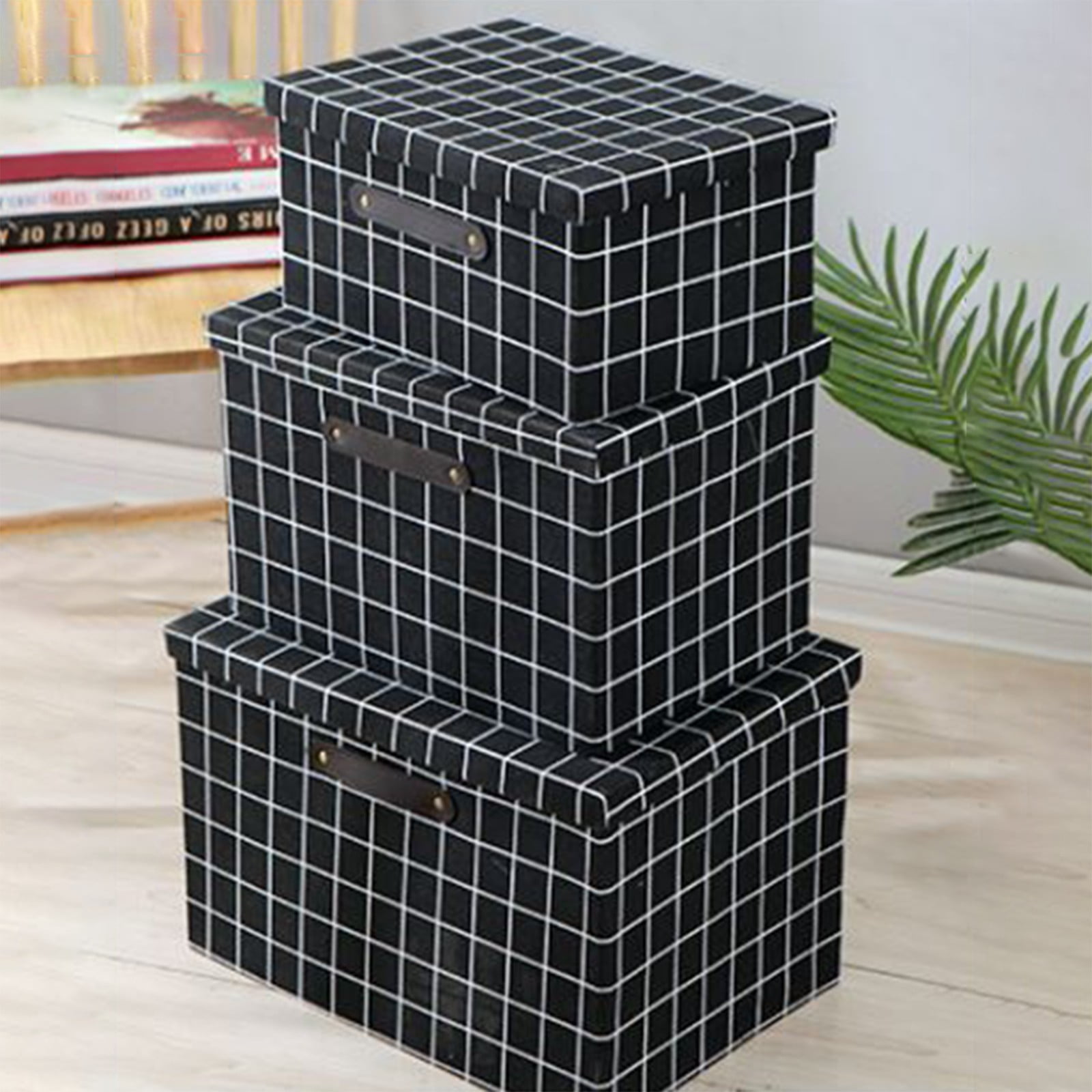 Large Linen Storage Box with Lid 35x26x18cm Black Fabric Organizer ...