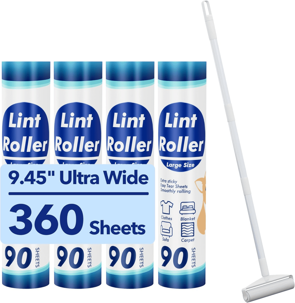 Large Lint Roller, Long Handle Mega Oversized Lint Roller for Floor, 4 ...