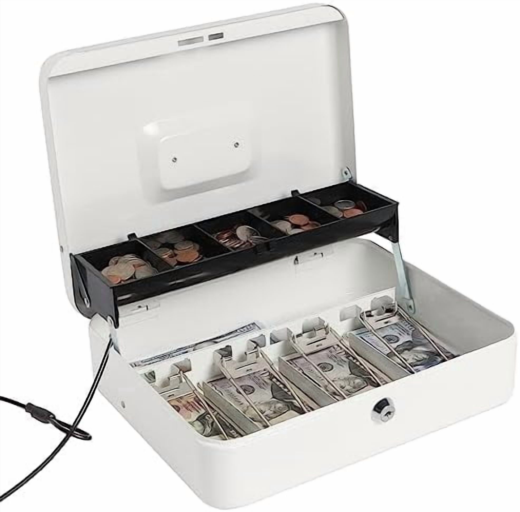 Large Locking Cash Box with Money Tray, Lock Box with Security Cable ...