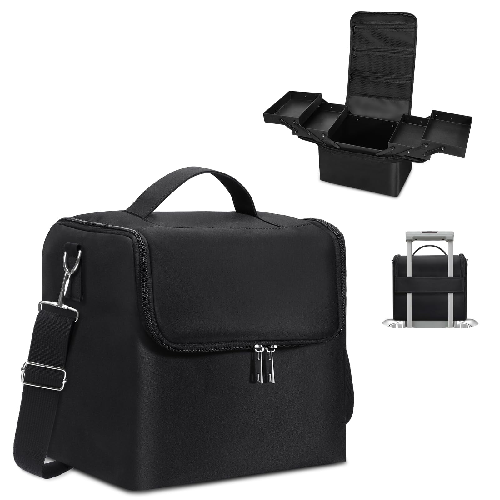 Large Makeup Carrying Train Case for Women, Black Travel Bag Storage ...