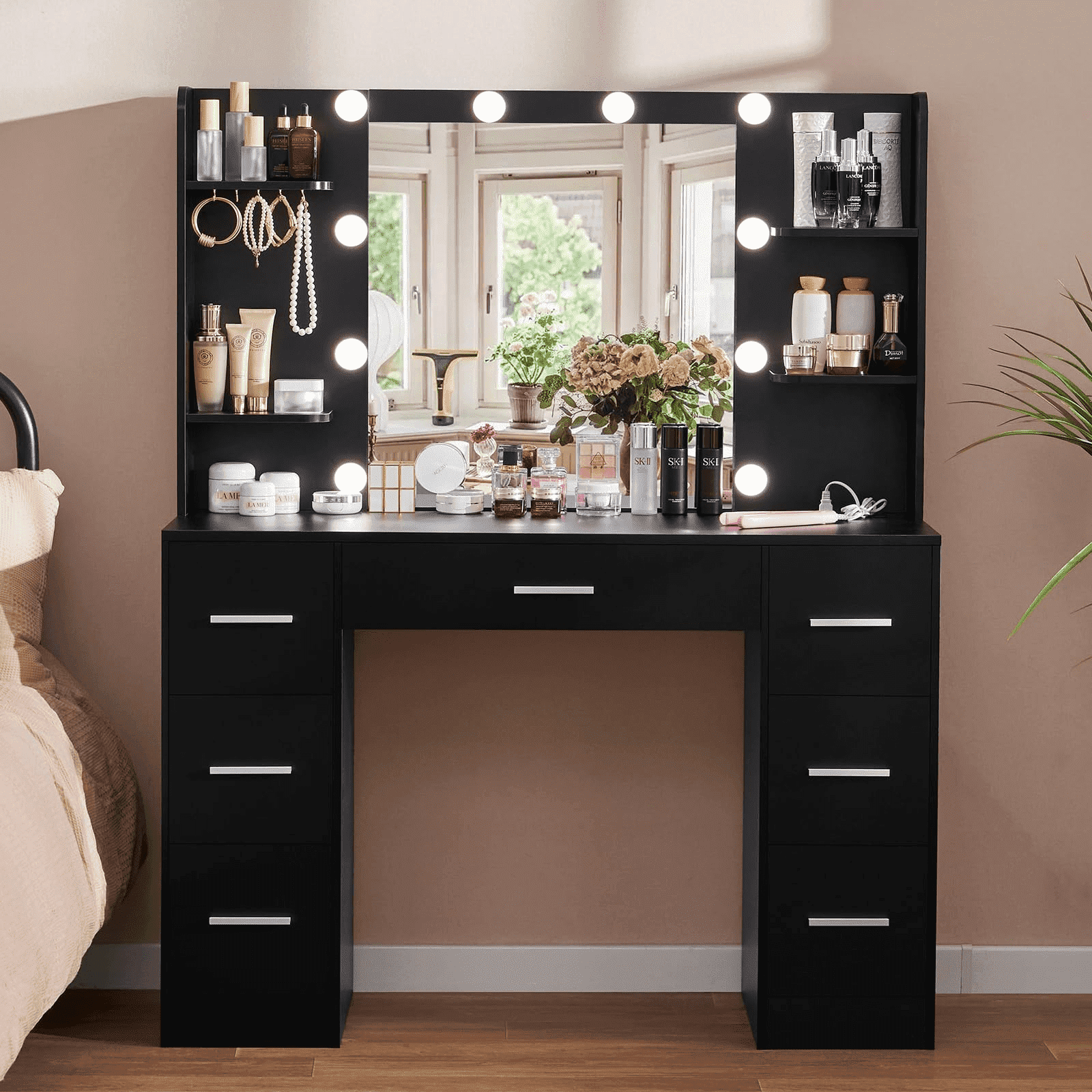 Large Makeup Vanity Desk with LED Lighted Mirror & Power Outlet, Vanity ...