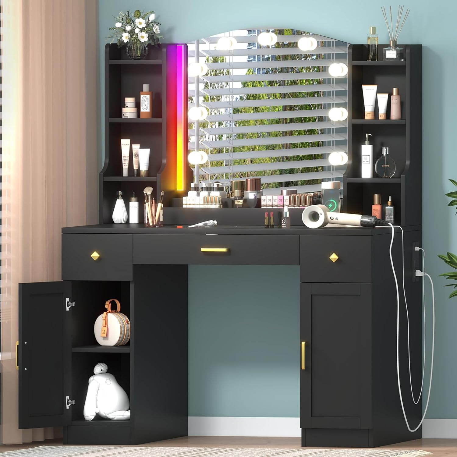 Large Makeup Vanity Desk with Mirror and Lights in 3 Colors, Black ...