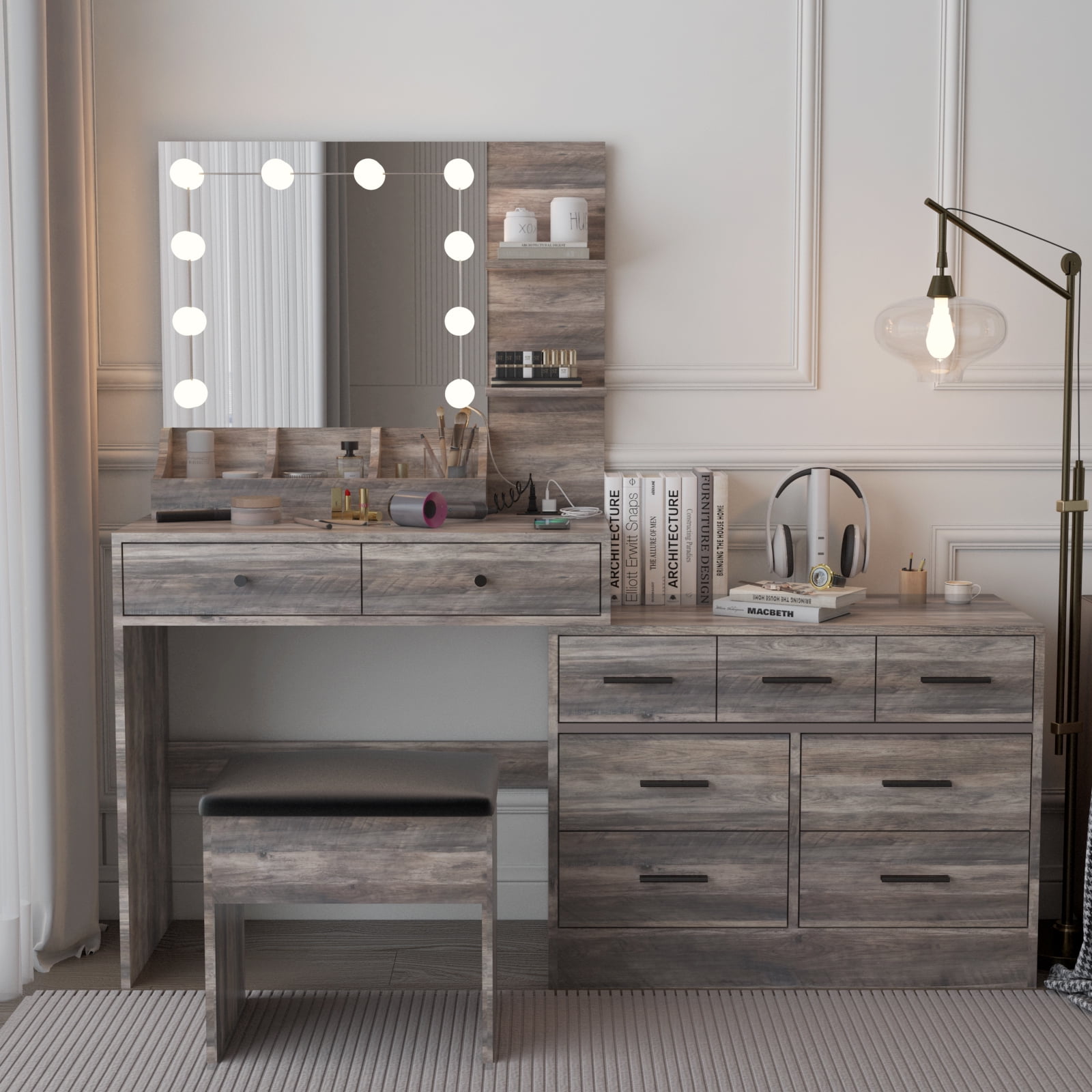 Large Makeup Vanity with Lights, Vanity Table with Charging Station ...
