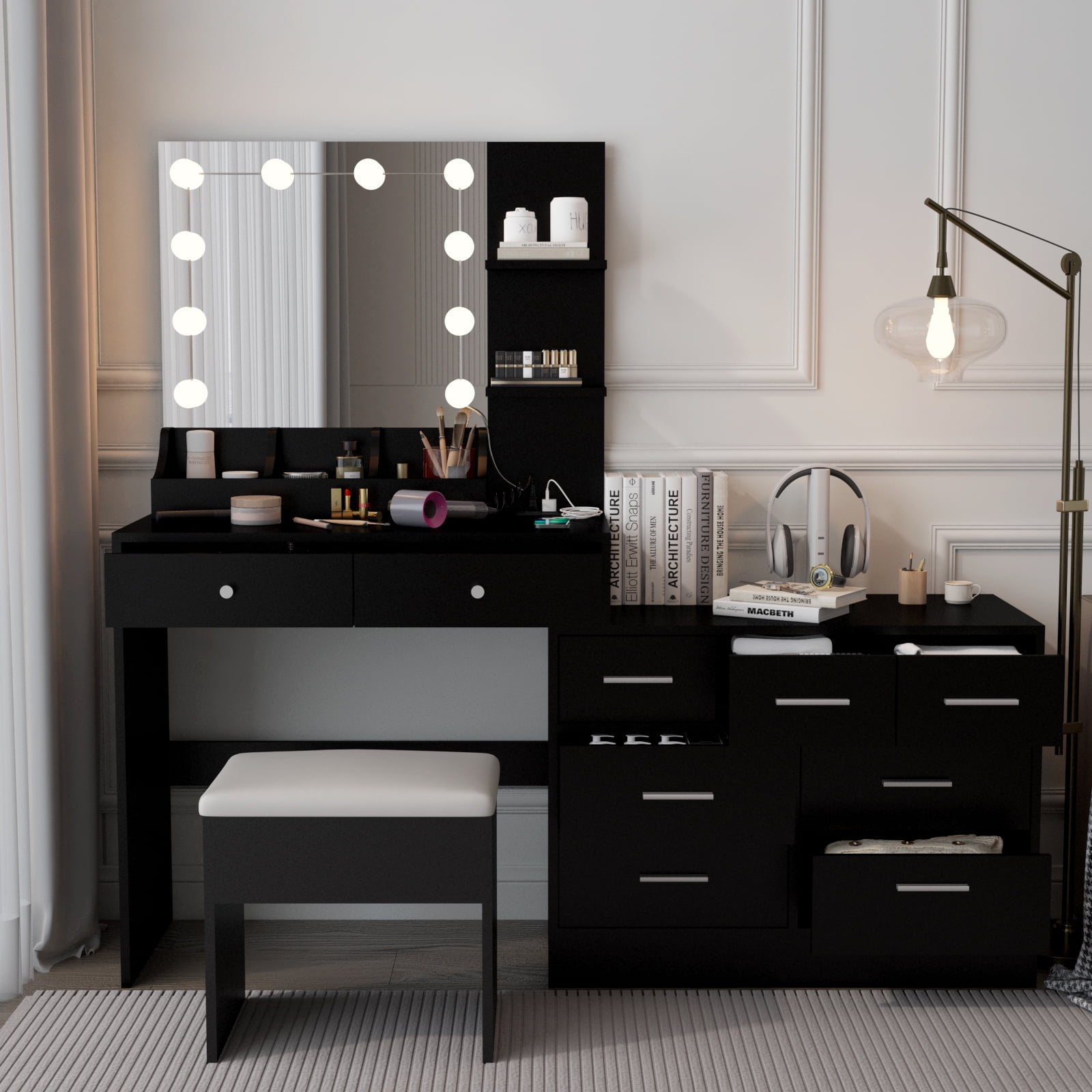 Large Makeup Vanity with Lights, Vanity Table with Charging Station ...