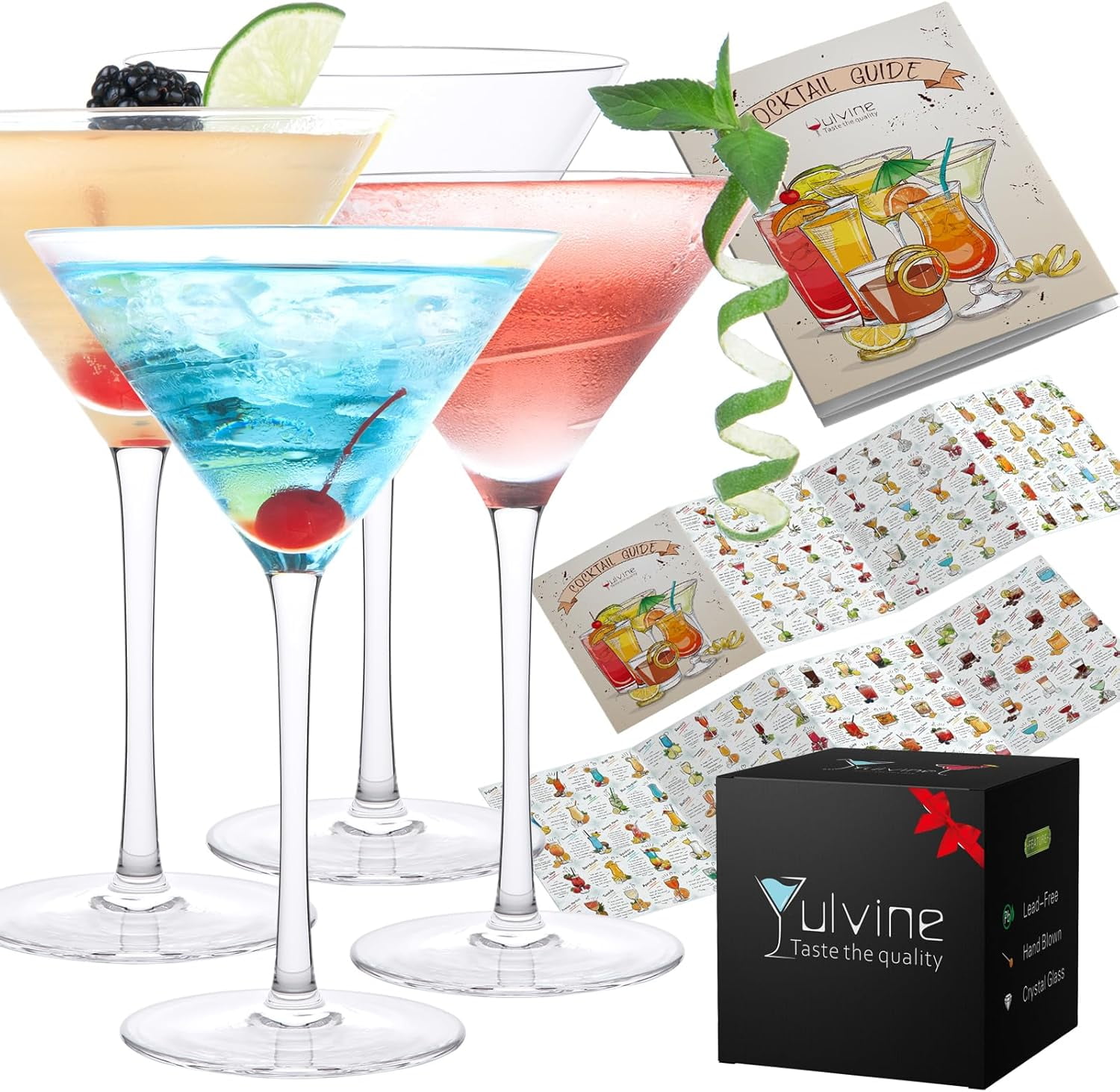 Large Martini Glasses Set of 4,Hand Blown 10oz,Crystal Stem Coupe ...