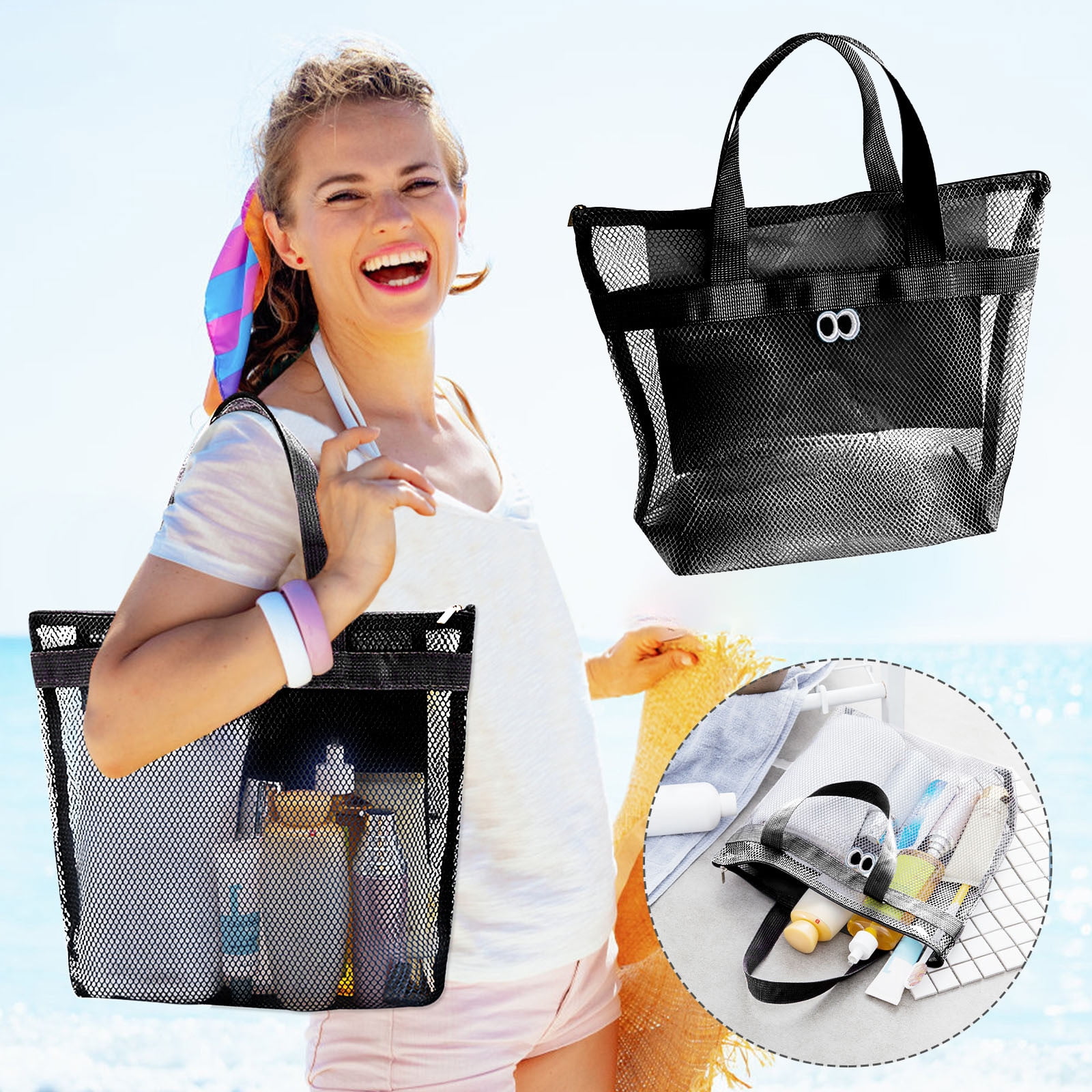 Large Mesh Beach Bag-14.17x12.2 Inch Waterproof Travel Tote Portable ...