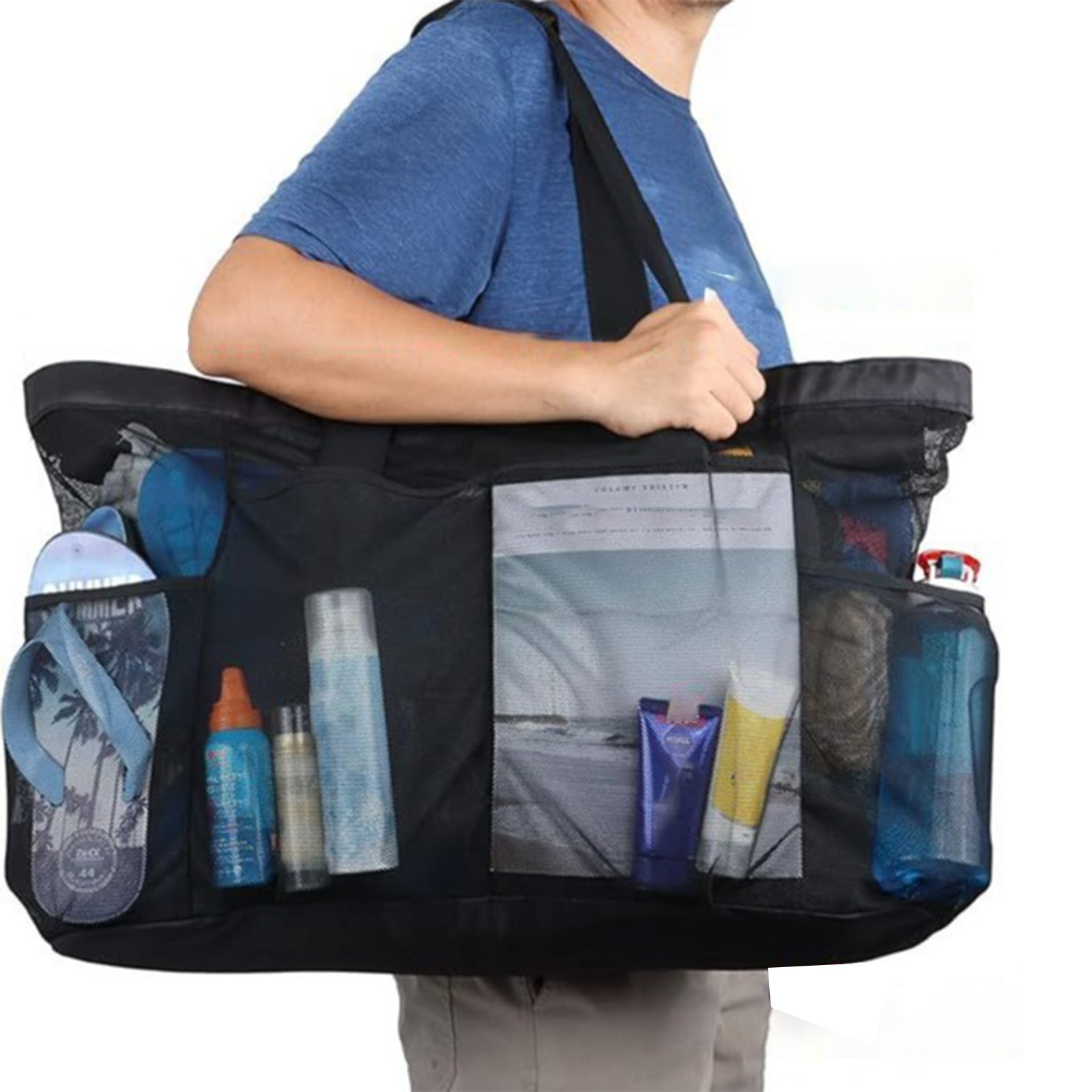 Large Mesh Beach Bag - 67x45x18.5 cm Multi-Pocket Tote for Pool, Travel ...