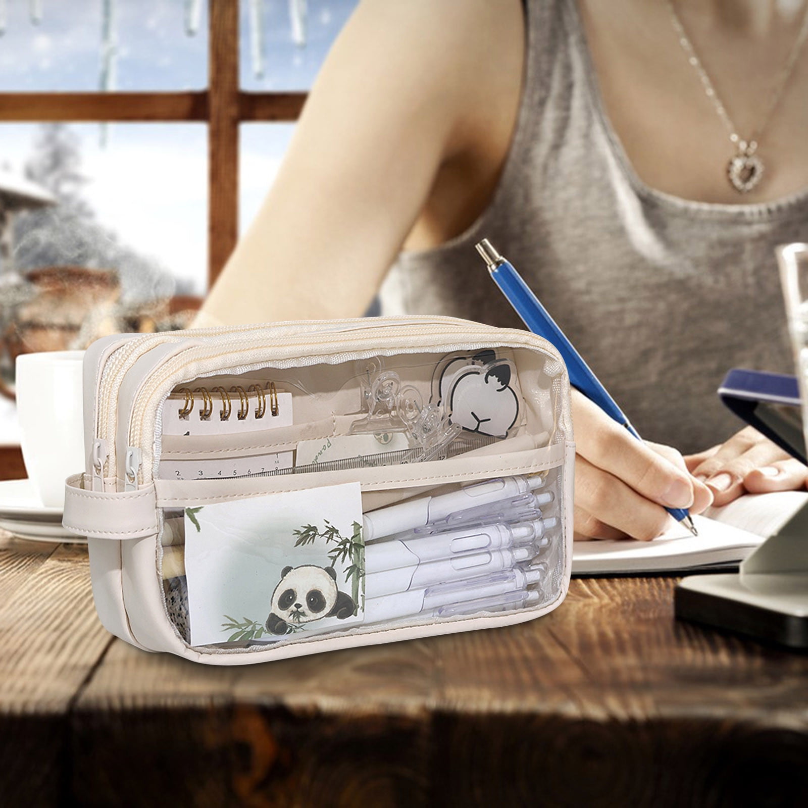 Large Mesh Two Compartment Stationery Organizer Pouch with Transparent ...