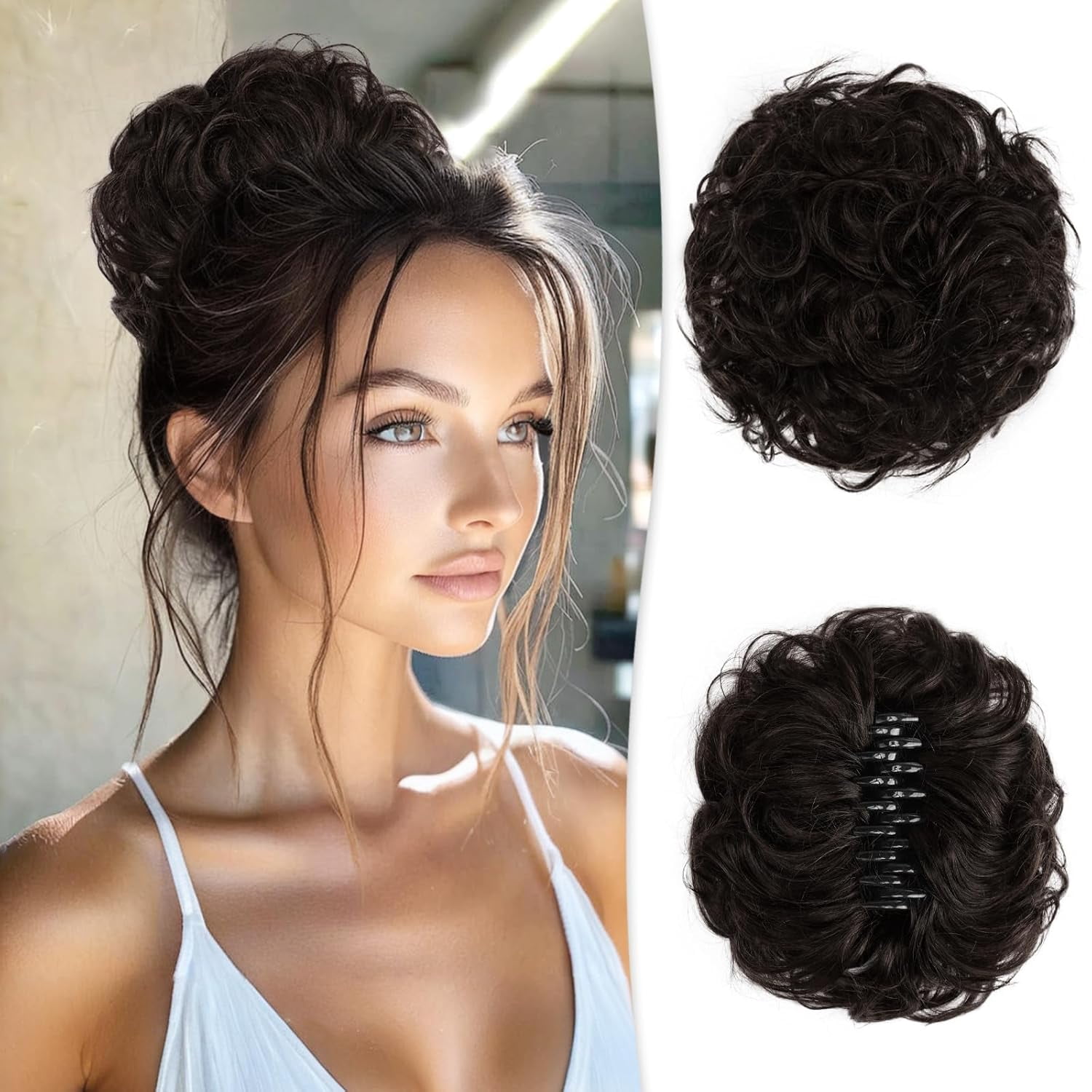 Large Messy Bun Hair Piece with Claw Clip Human Hair Bun Wavy Curly ...