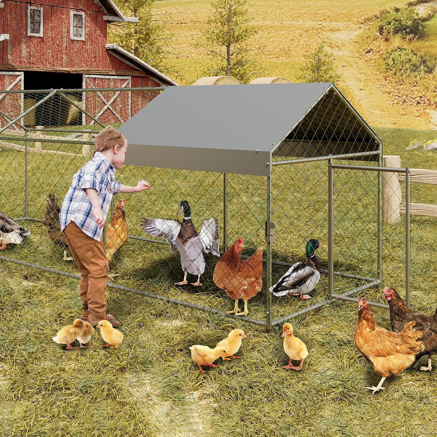Large Metal Chicken Coop 120"x40"x40" with Waterproof Cover, Walk-In ...