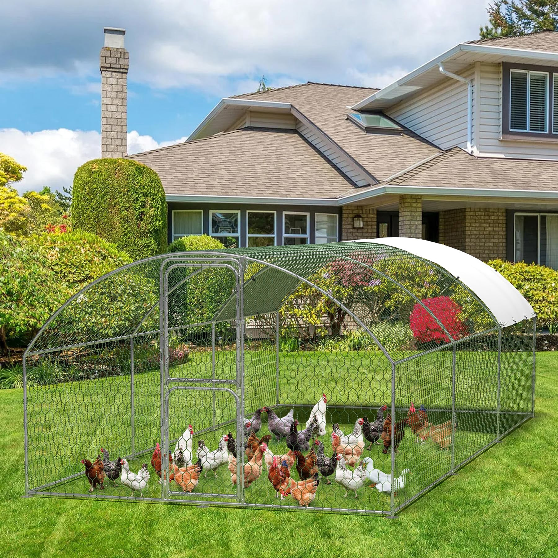 Large Metal Chicken Coop, Outdoor Cage Run with Waterproof and Anti-UV ...
