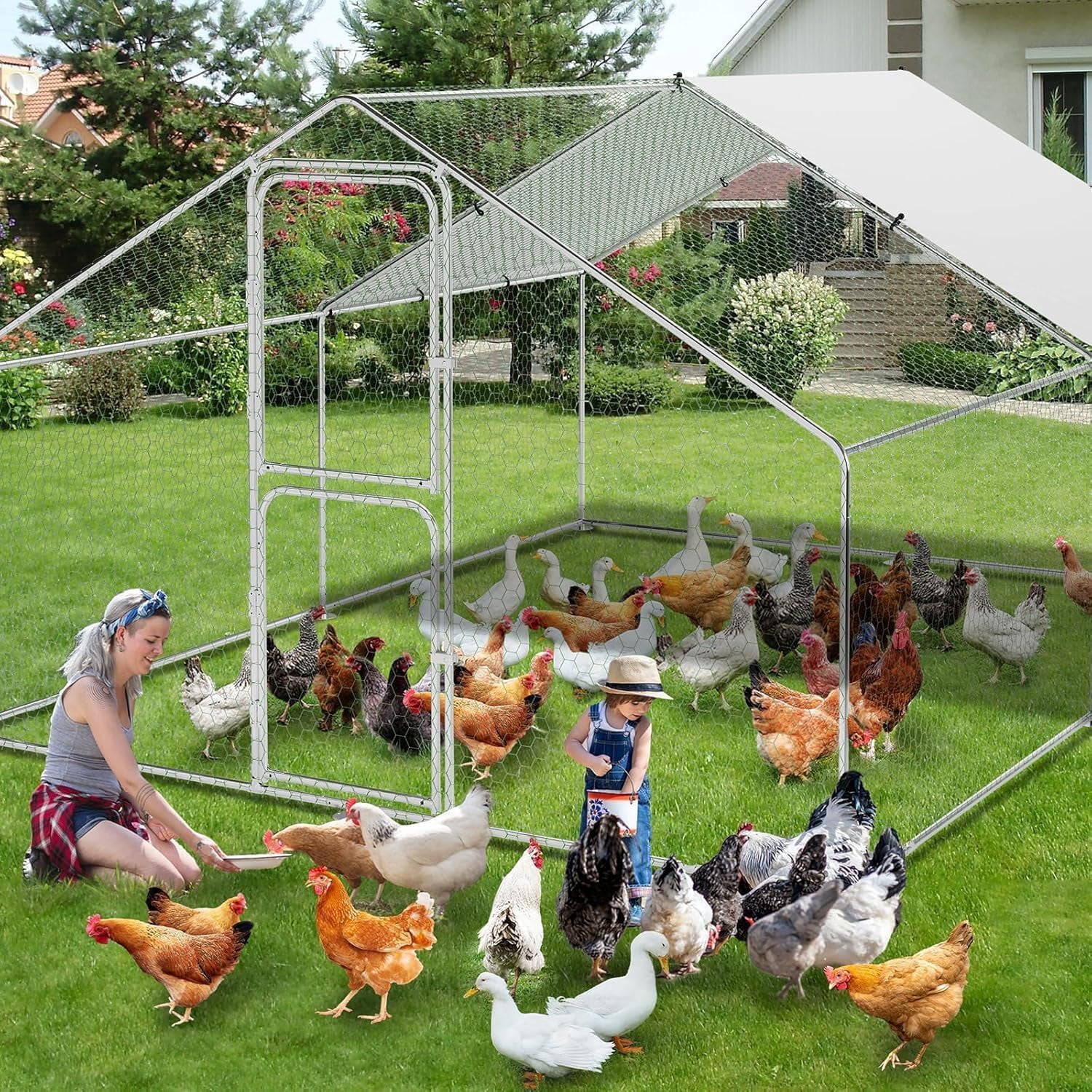 Large Metal Chicken Coop, Outdoor Heavy Duty Walk-in Poultry Cage ...