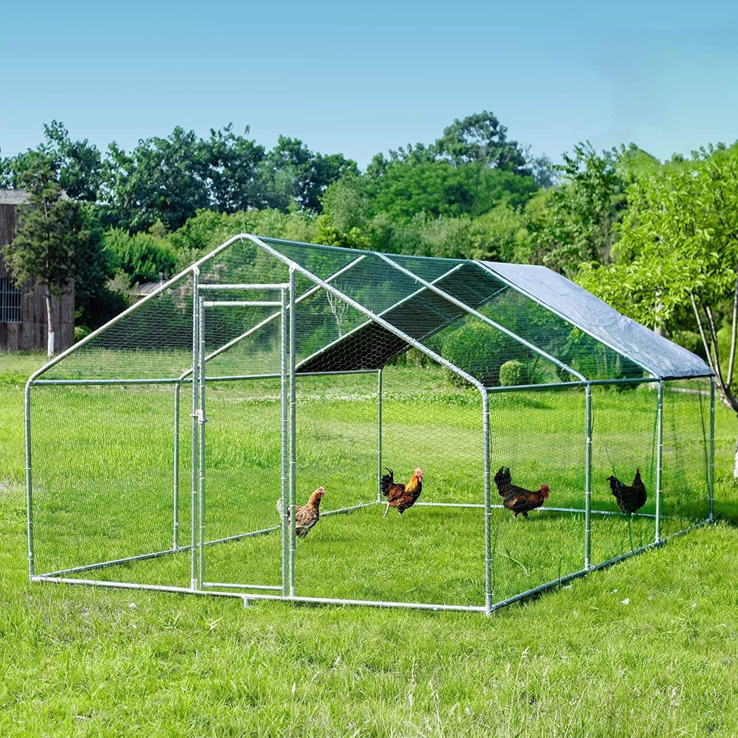 Large Metal Chicken Coop with Run, 19.19'L x 9.84'W x 6.56'H Walk-In ...
