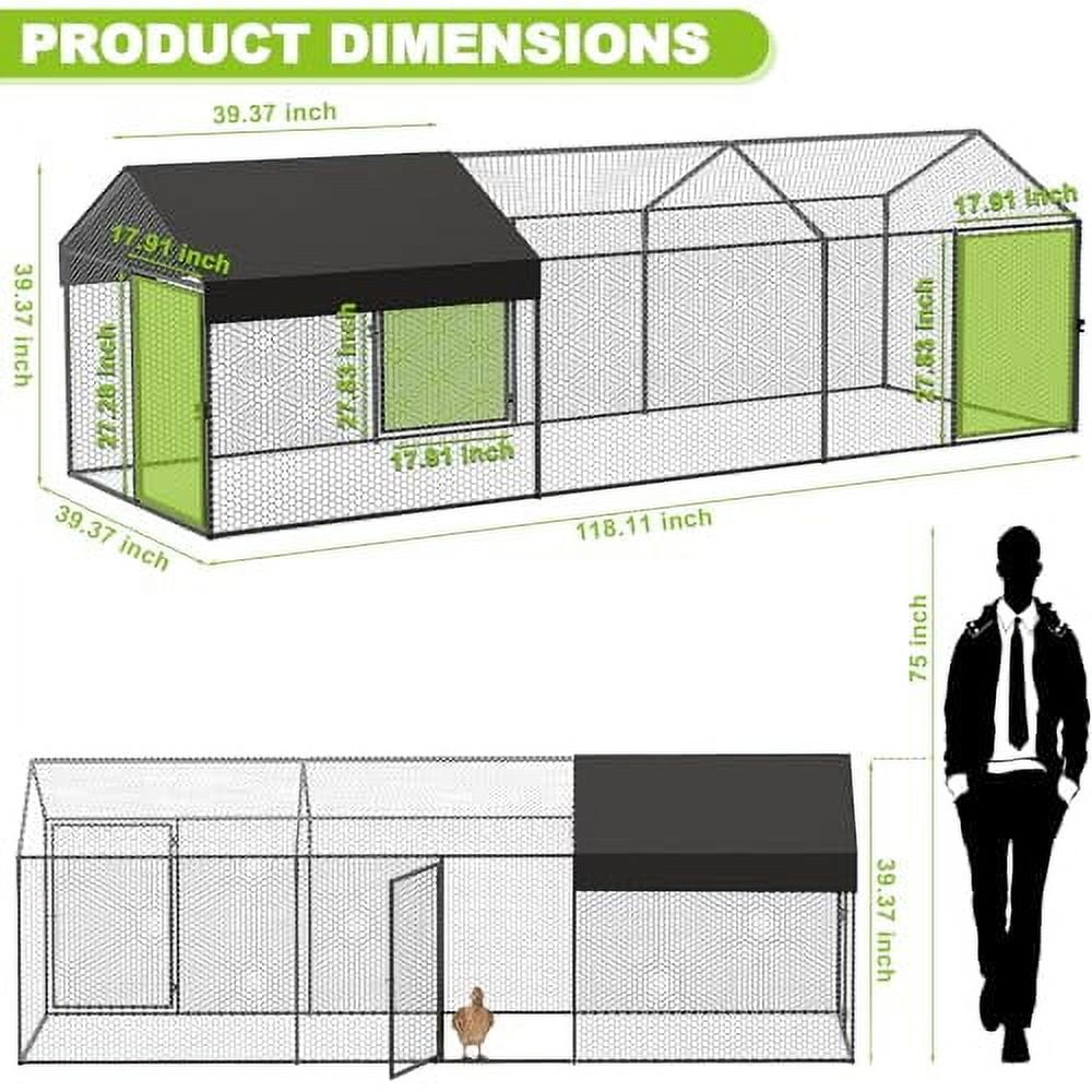 Large Metal Chicken Coop Run with Cover 118"×40"×40" Portable Poultry ...